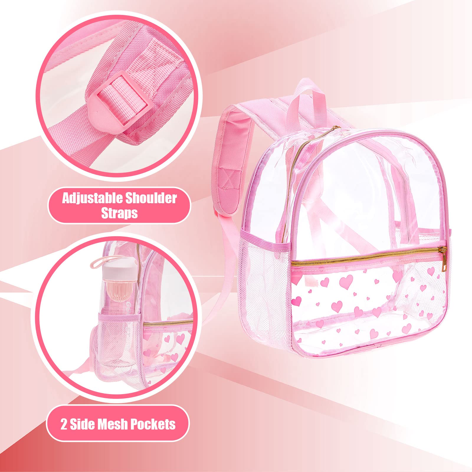2 Pcs Pink Clear Backpack Stadium Approved Backpack Set 12 x 12 x 6 Inch Transparent Mini Backpacks See Through Backpacks for Stadium, Concert, Sports, School
