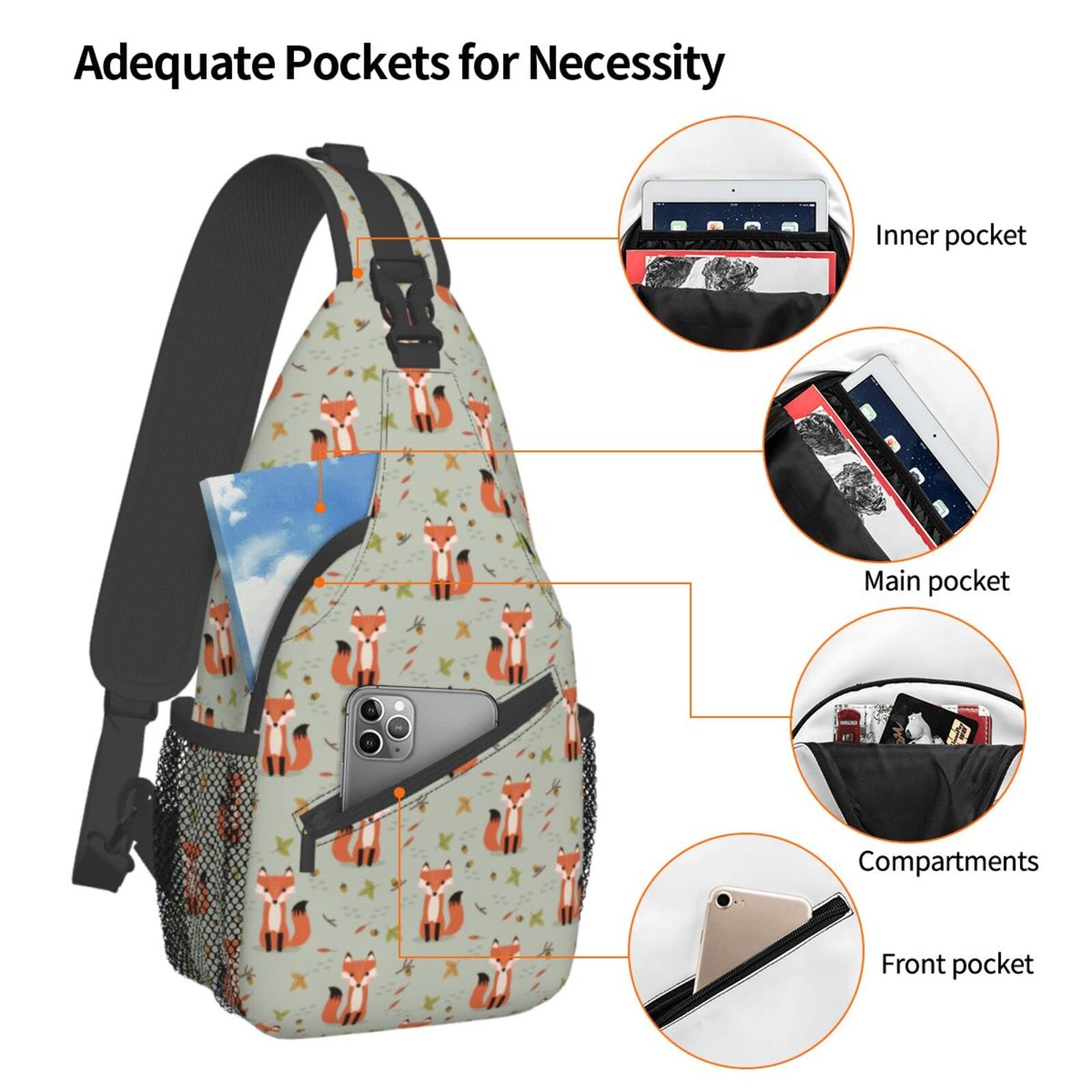 Cute Fox Sling Backpack, Multipurpose Crossbody Shoulder Bag Travel Hiking Daypack For Men Women