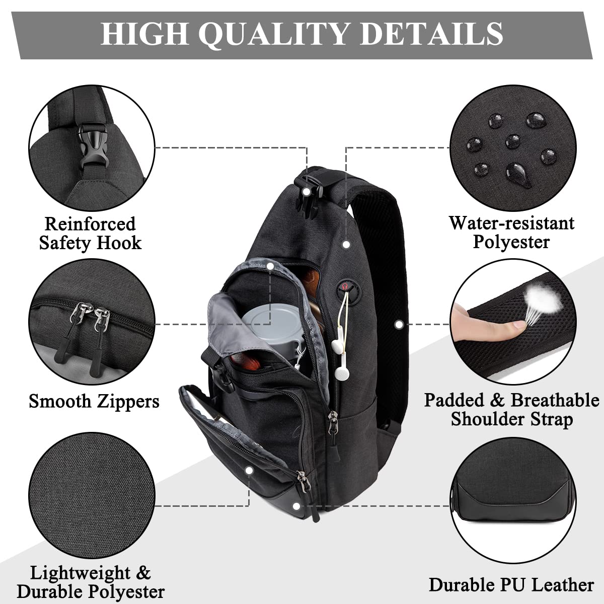 VASCHY Sling Bag for Men Women, Water Resistant One Strap Over the Shoulder Cross Body Backpack Chest Bag for Hiking/Travel/Outdoor Black