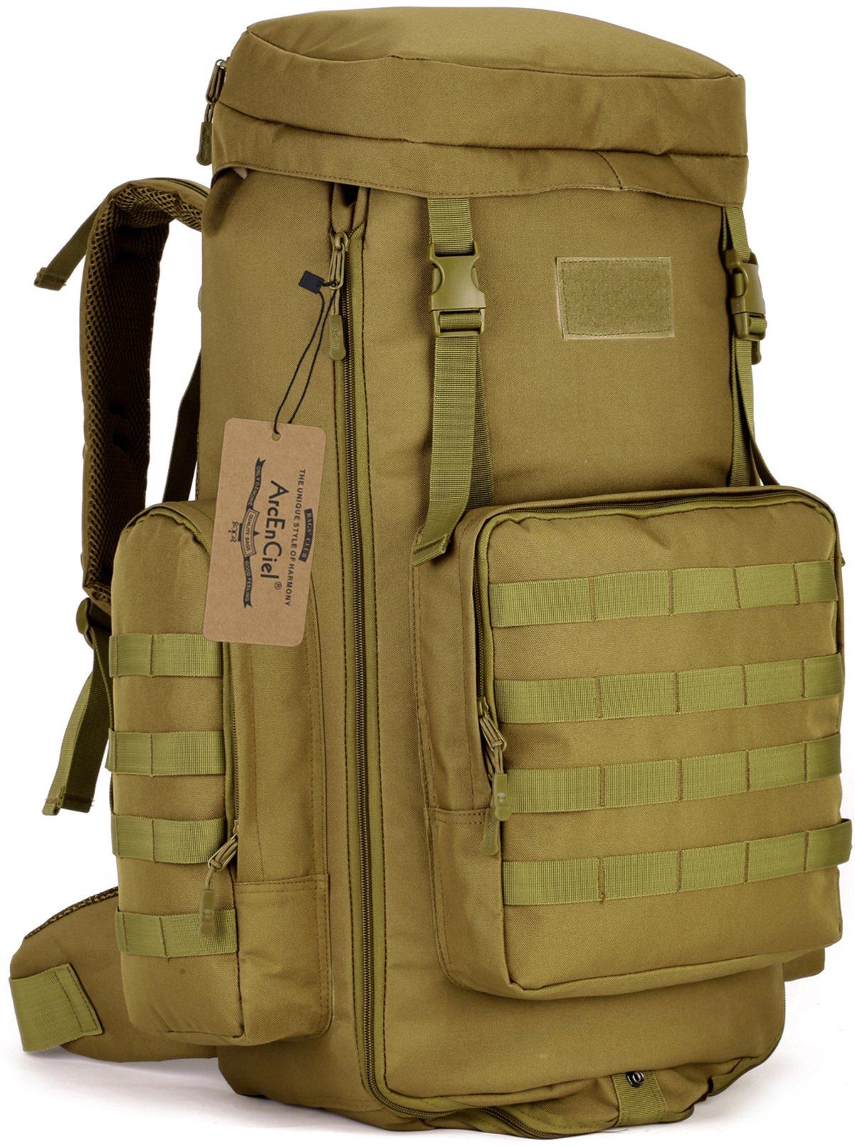 ArcEnCiel Hiking Daypacks 70-85L Tactical Travel Backpack MOLLE Rucksack Large Capacity Outdoor Bag for Travelling Trekking Camping Hunting - Rain Cover Included (Coyote Brown)