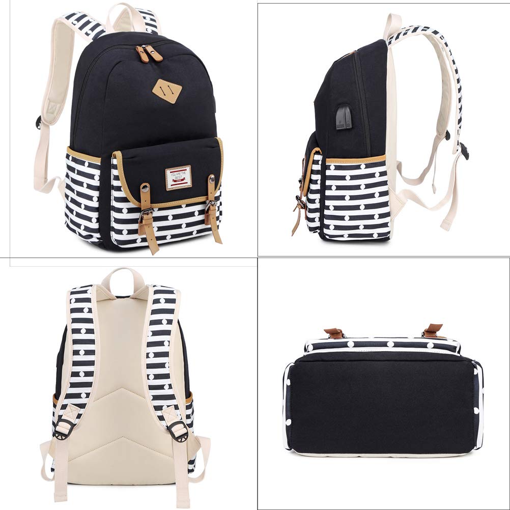 BAGTOP School Canvas Backpack Set - 15" Laptop Backpack with USB Charger Port Travel Daypack Bookbag + Drawstring Backpack + Purse/Clutch Pouch(Black-4)