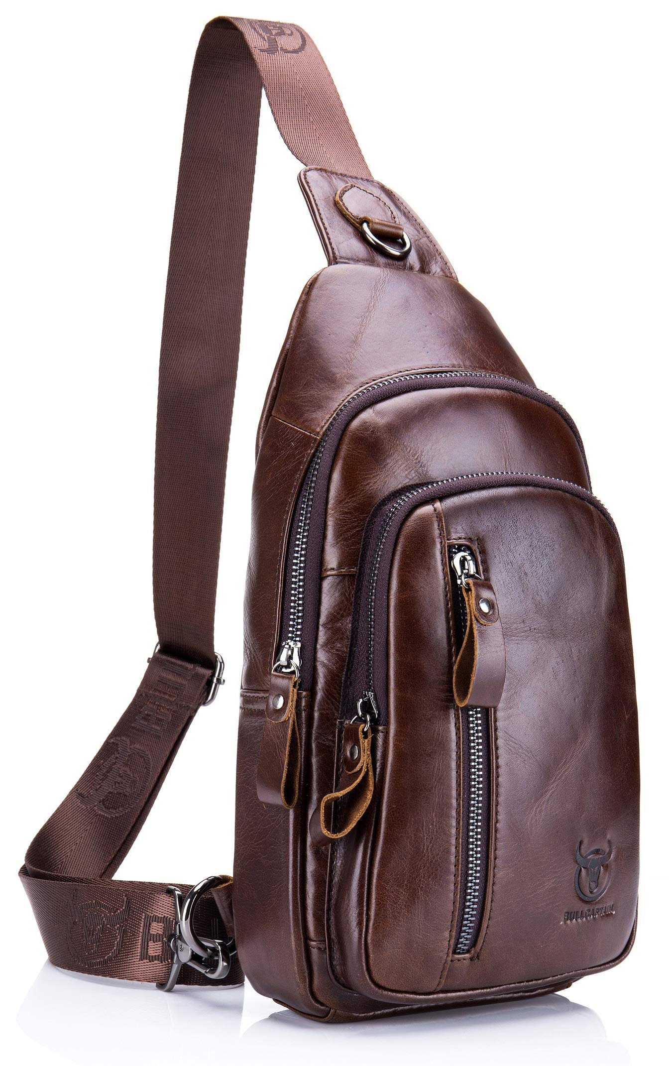 BULLCAPTAIN Mens Sling Bag Genuine Leather Chest Shoulder Backpack Crossbody Outdoor Travel Casual Daypack (brown), Medium