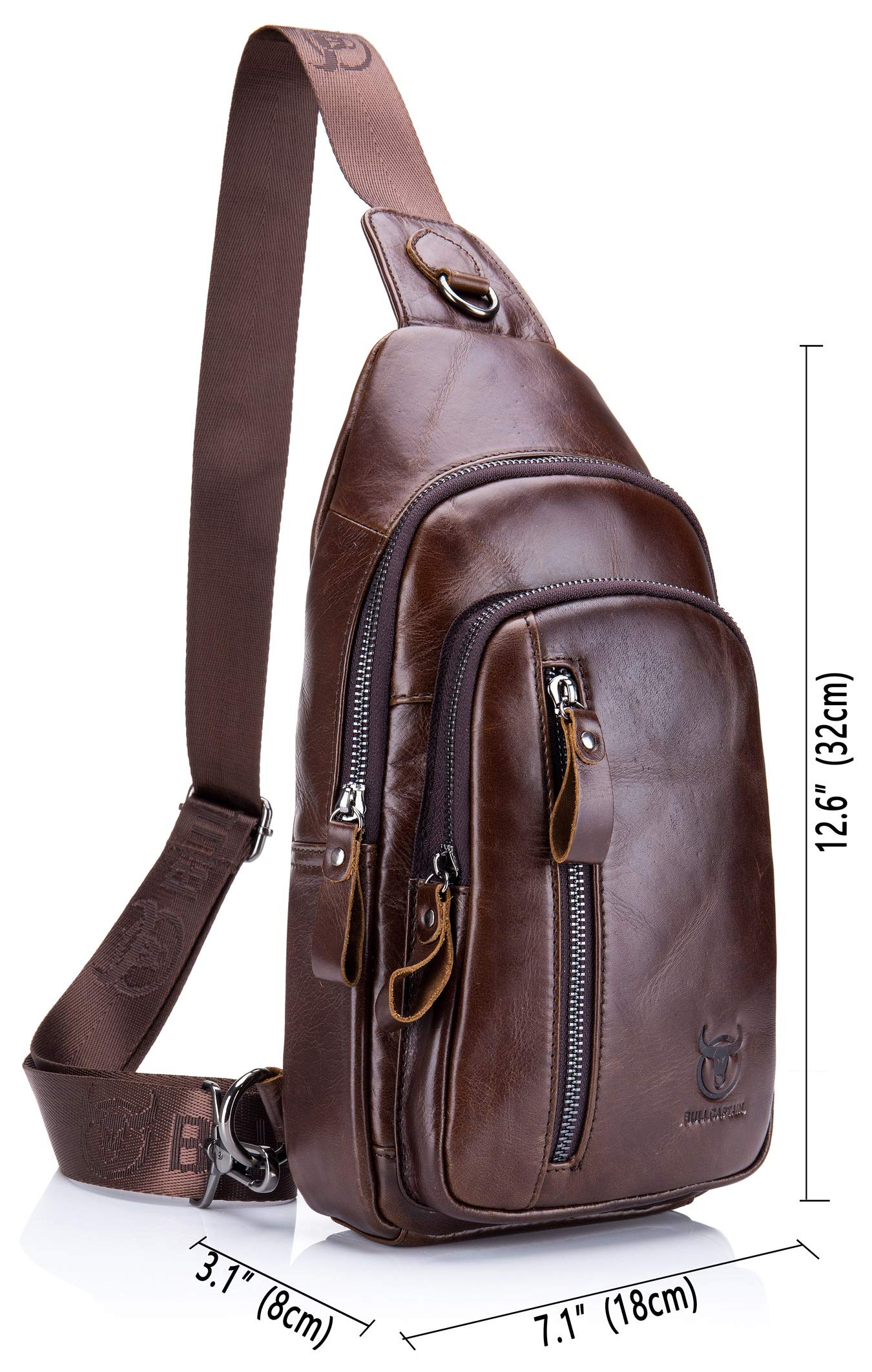 BULLCAPTAIN Mens Sling Bag Genuine Leather Chest Shoulder Backpack Crossbody Outdoor Travel Casual Daypack (brown), Medium