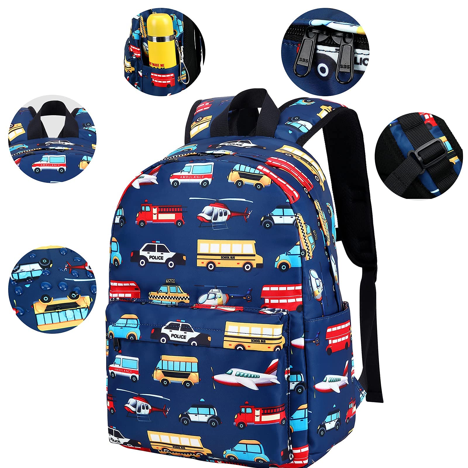 LEDAOU Toddler Kids Backpack for Boys Car Pattern Preschool Kindergarten School Backpack Bookbag School Bag with Chest Strap (Car Airplane)