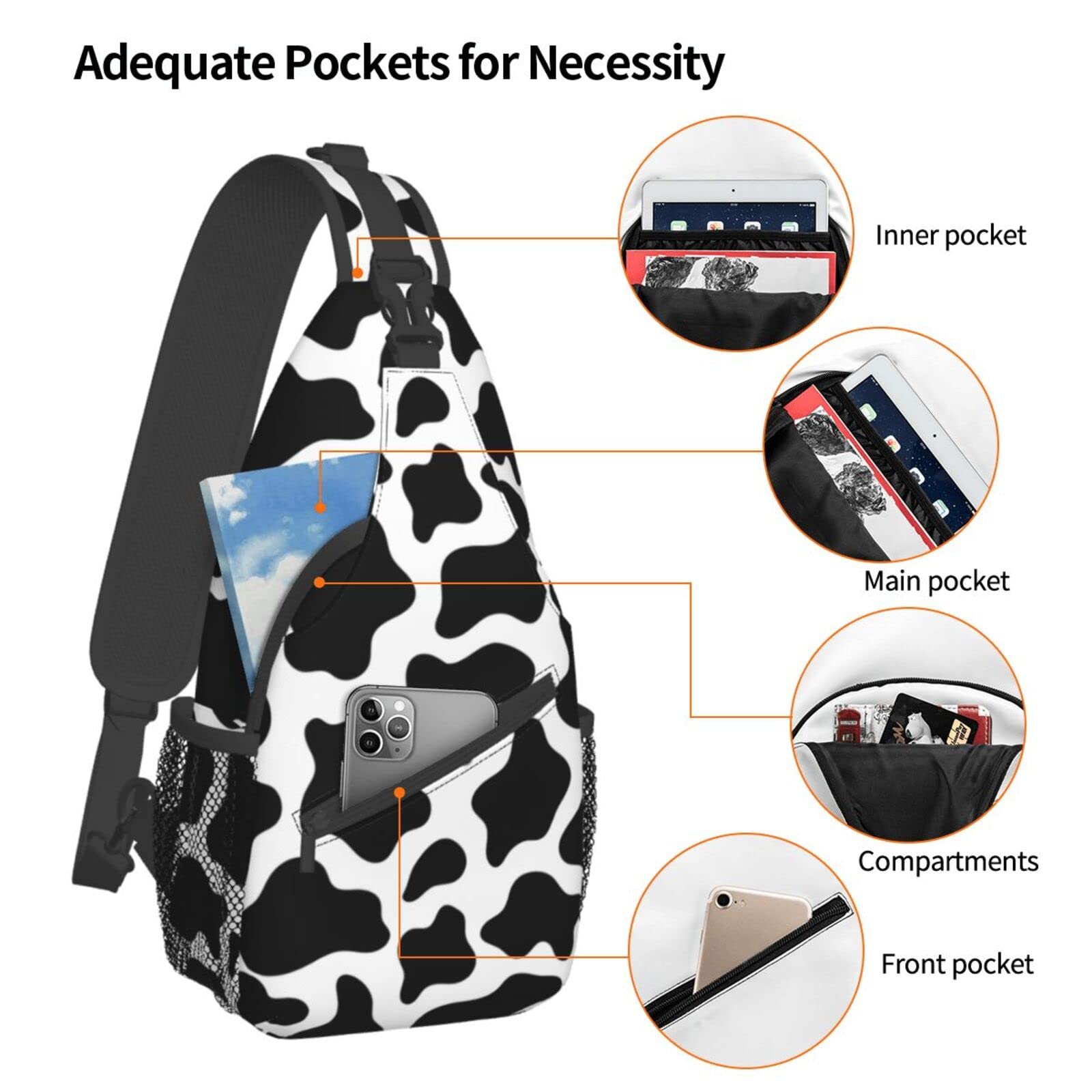 Cow Chest Sling Bag Seamless Pattern Black White Cow Print Crossbody Shoulder Backpack Adjustable Chest Rucksack Lightweight Travel Hiking Casual Daypack for Men Women Outdoors Biking Camping Shopping