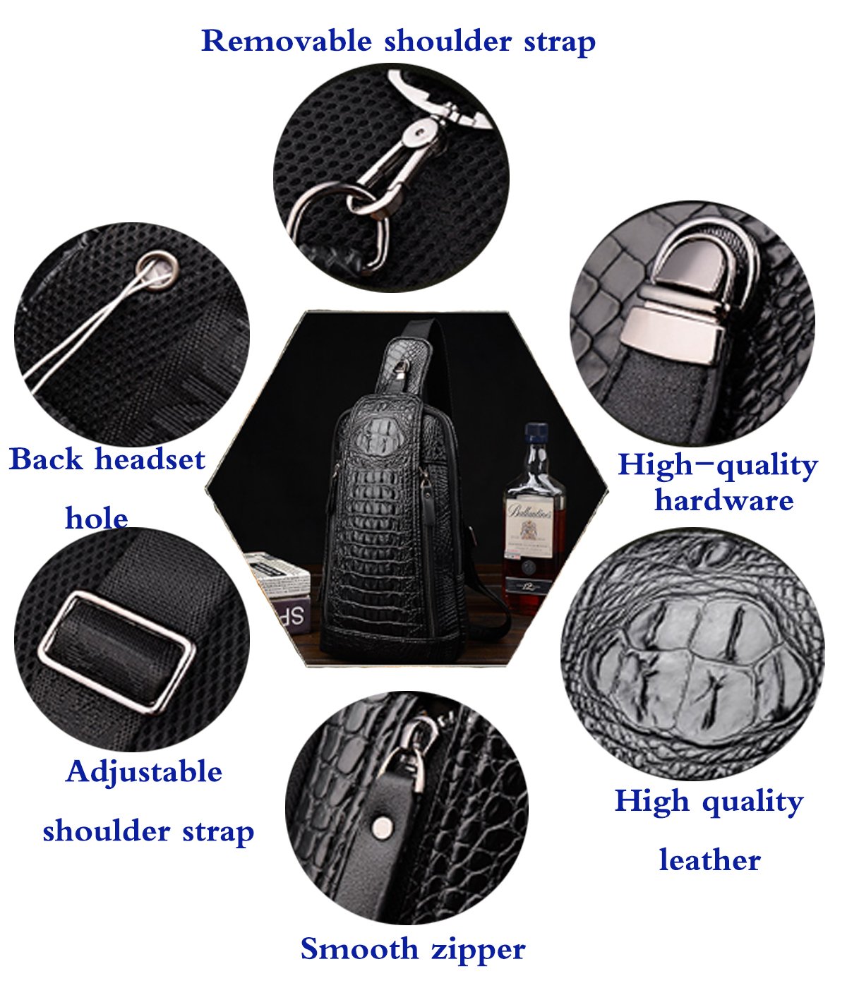 FiveloveTwo Mens Sling Bags Crocodile PU Leather Multipurpose Outdoor Shoulder Chest Bag Satchels Hiking Daypack Brown