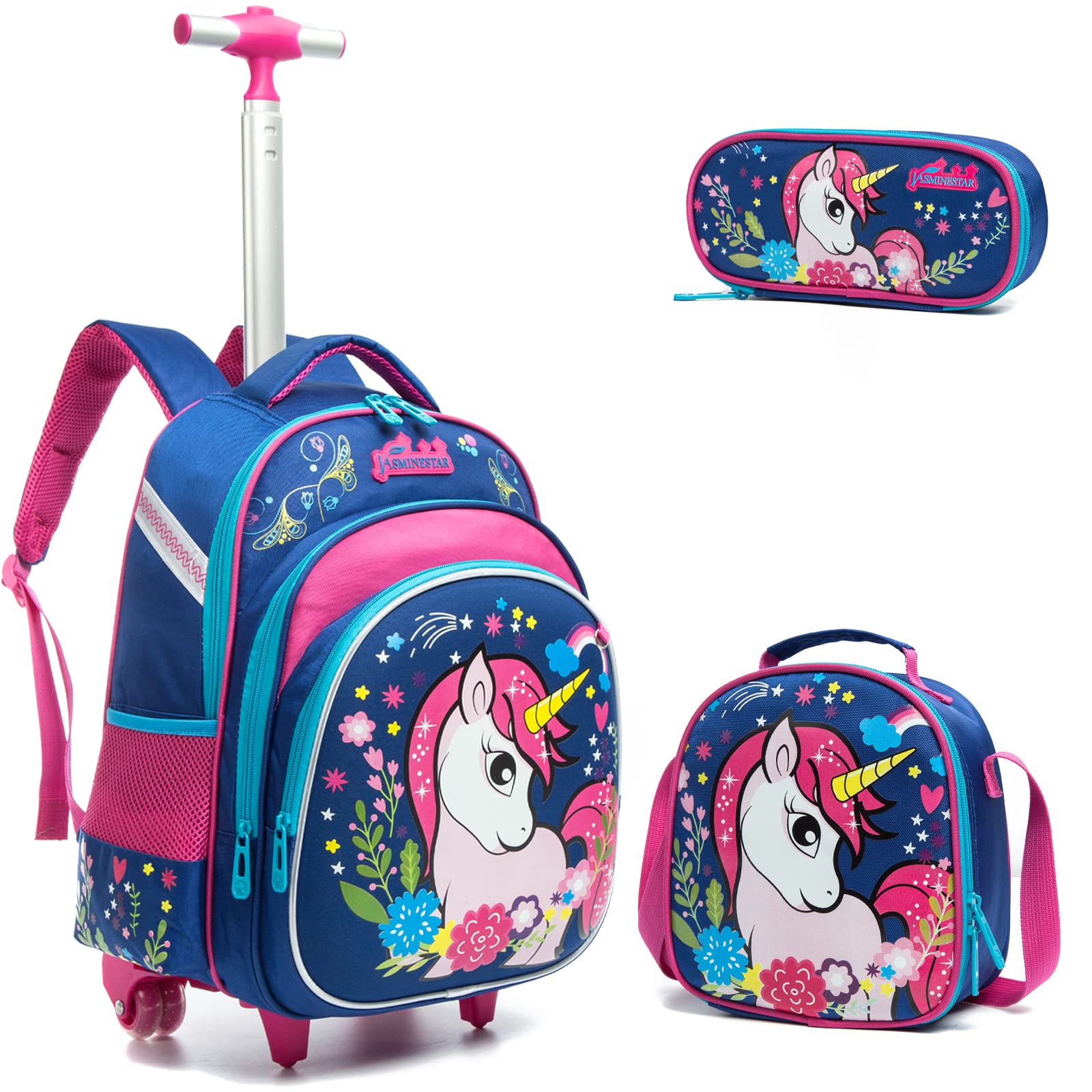 Egchescebo School Kids Unicorn Rolling Backpack With Wheels Trolley Wheeled Backpacks Travel Bags 16' 3PCS Girls Backpack With Lunch Box Blue