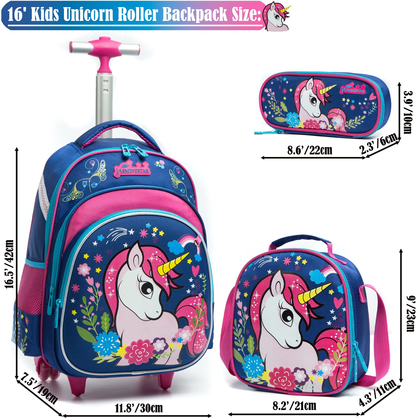 Egchescebo School Kids Unicorn Rolling Backpack With Wheels Trolley Wheeled Backpacks Travel Bags 16' 3PCS Girls Backpack With Lunch Box Blue
