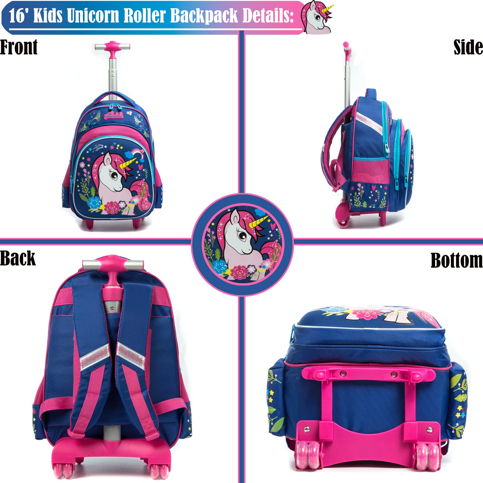 Egchescebo School Kids Unicorn Rolling Backpack With Wheels Trolley Wheeled Backpacks Travel Bags 16' 3PCS Girls Backpack With Lunch Box Blue