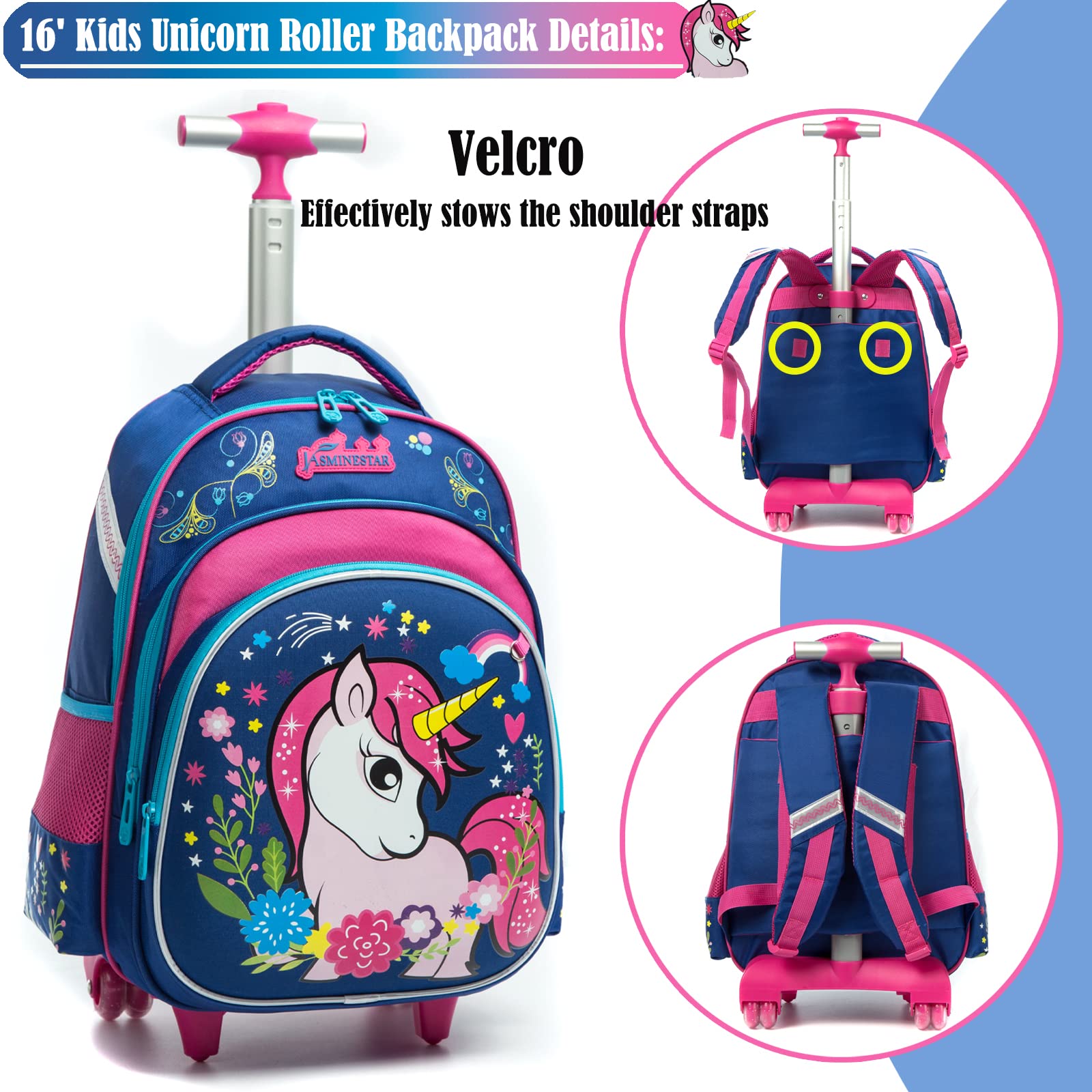 Egchescebo School Kids Unicorn Rolling Backpack With Wheels Trolley Wheeled Backpacks Travel Bags 16' 3PCS Girls Backpack With Lunch Box Blue