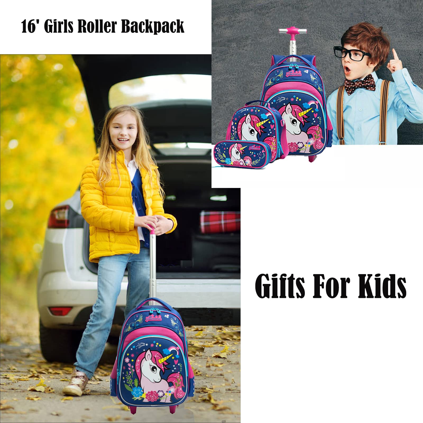 Egchescebo School Kids Unicorn Rolling Backpack With Wheels Trolley Wheeled Backpacks Travel Bags 16' 3PCS Girls Backpack With Lunch Box Blue