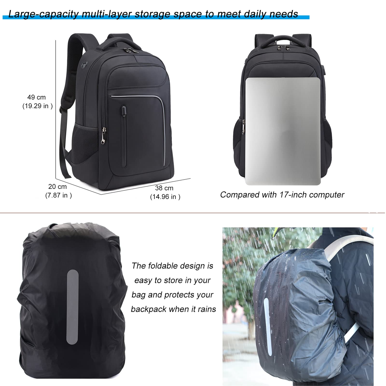 Seekvigor Travel Laptop Backpack,17.3 inch waterproof college backpack with usb charging port, 38L Durable Carry On Backpack for Business, Everyday, Work