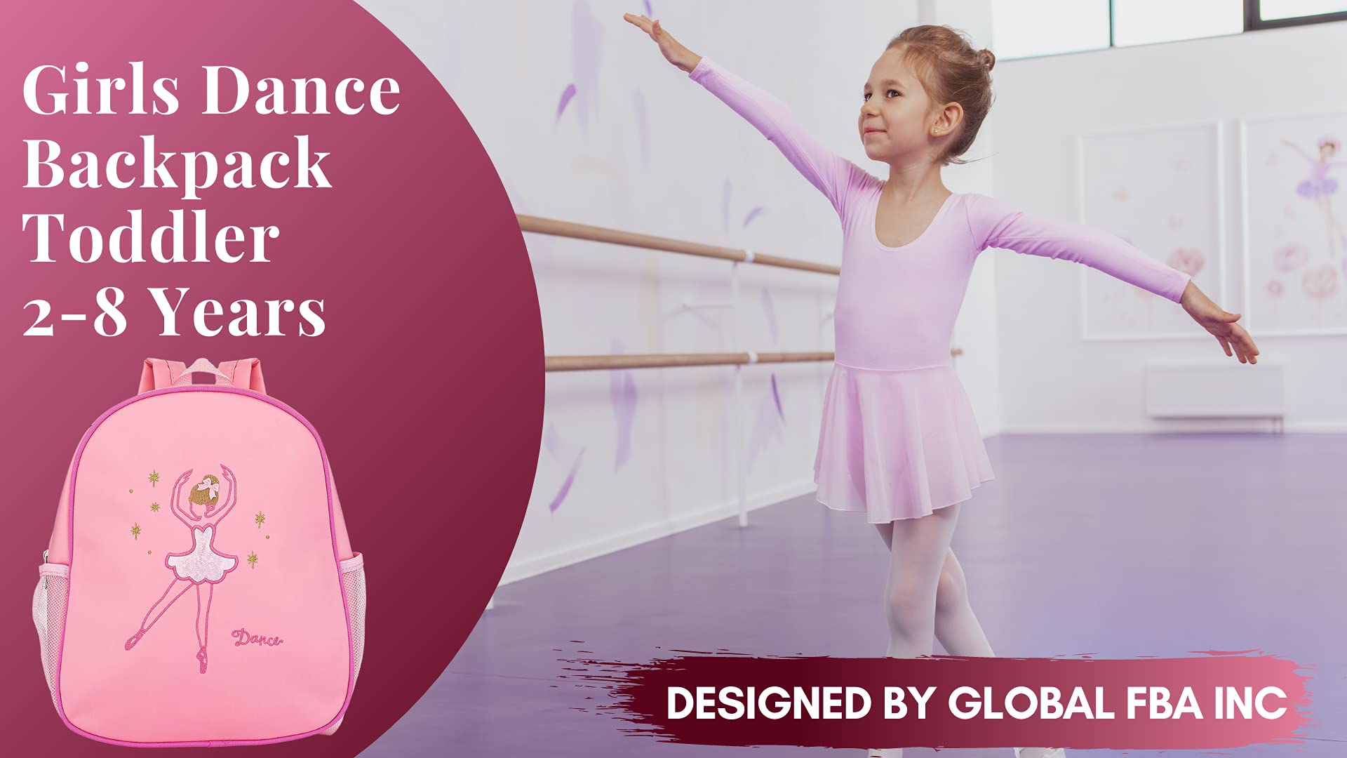 GLOBAL FBA INC Girls Dance Backpack Toddler 3-8 Years Pink