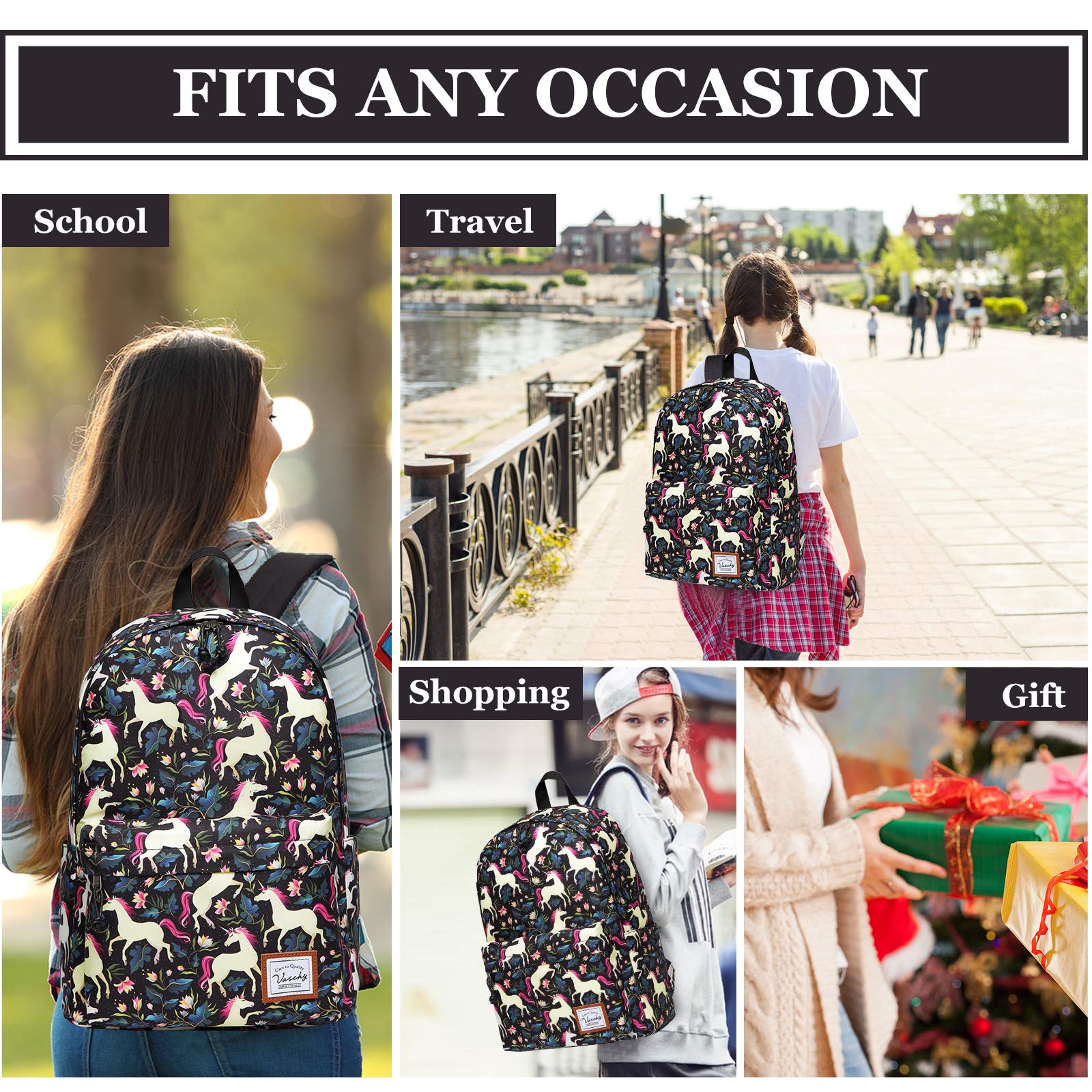 VASCHY Backpack for Women, Water Resistant High School Girls Bookbag Travel Backpack for Teens with Water Bottle Pockets