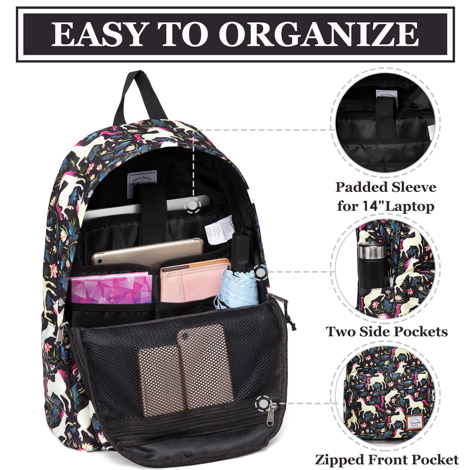 VASCHY Backpack for Women, Water Resistant High School Girls Bookbag Travel Backpack for Teens with Water Bottle Pockets