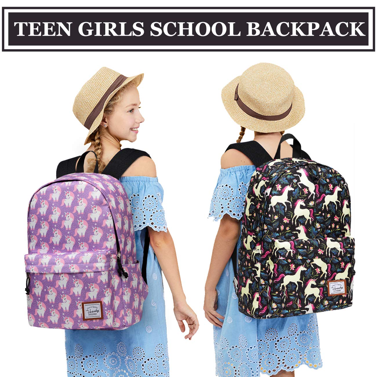 VASCHY Backpack for Women, Water Resistant High School Girls Bookbag Travel Backpack for Teens with Water Bottle Pockets