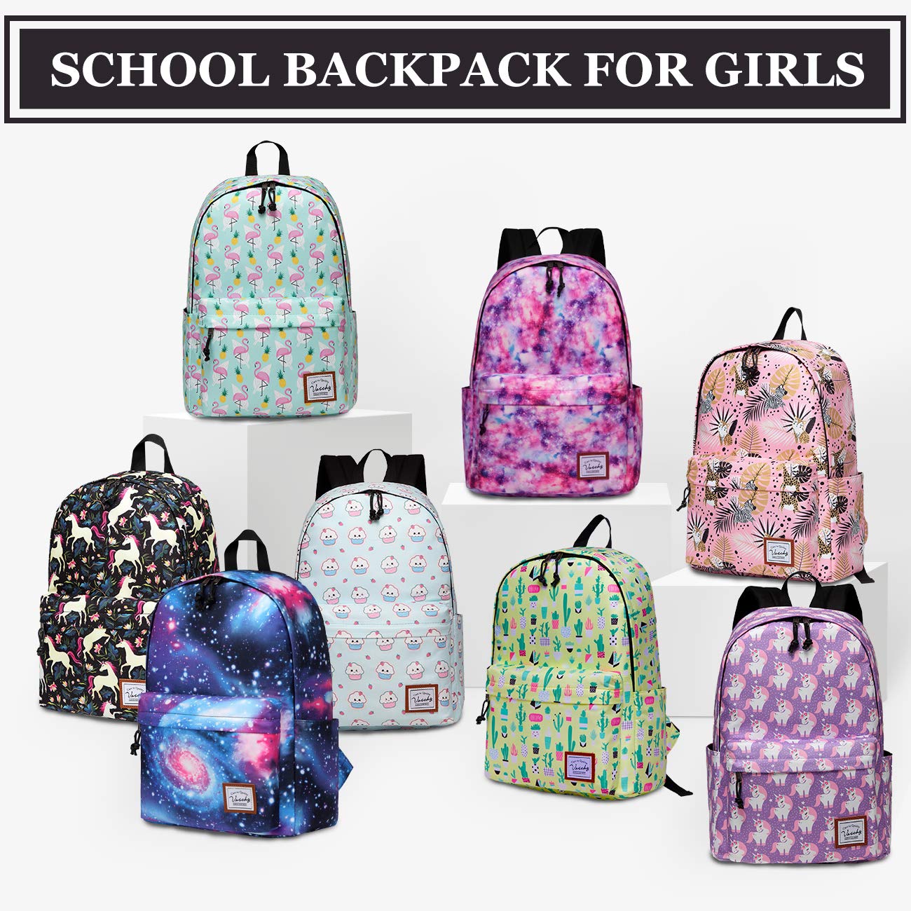 VASCHY Backpack for Women, Water Resistant High School Girls Bookbag Travel Backpack for Teens with Water Bottle Pockets