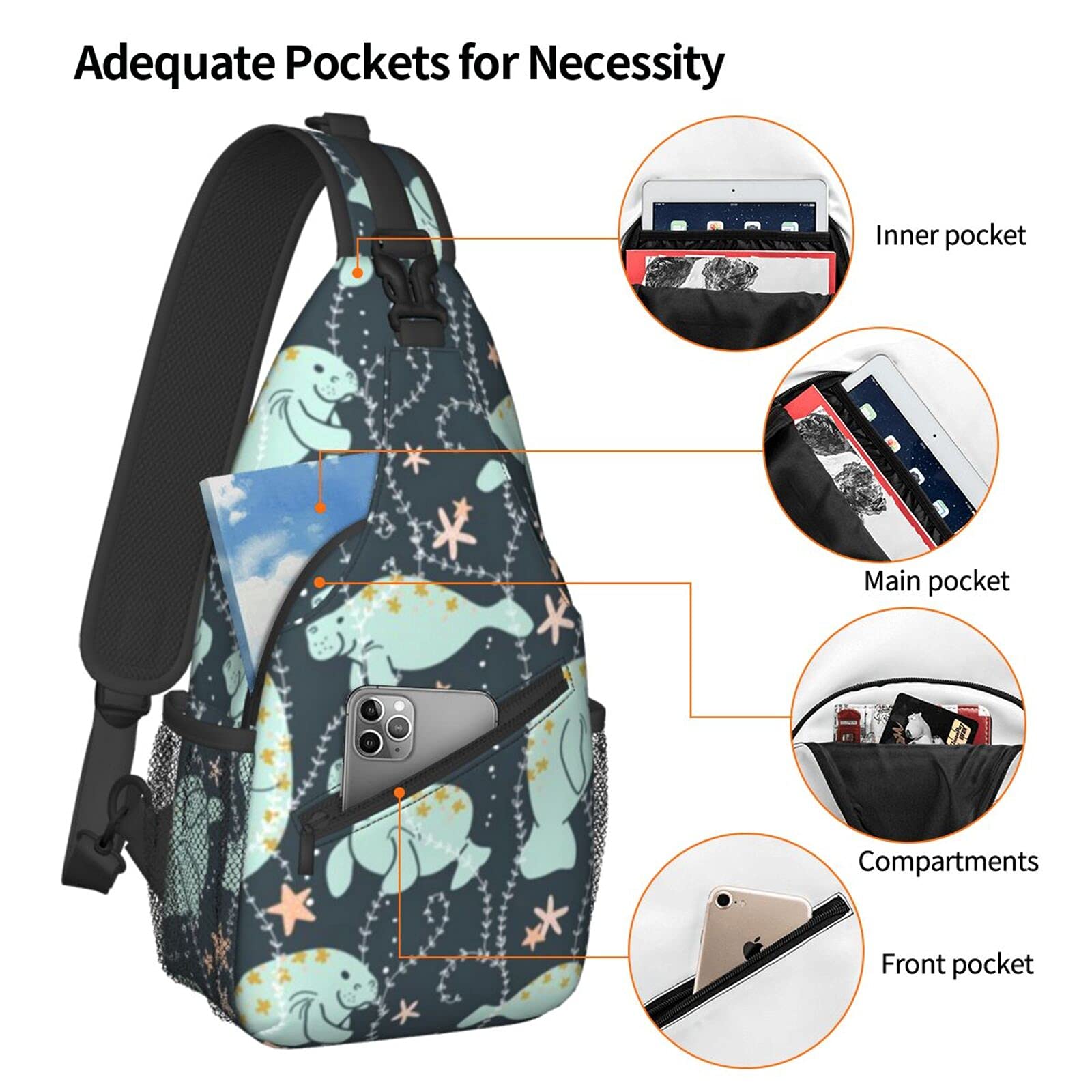 AMRANDOM Fashion Sling Backpack Lightweight Crossbody Shoulder Bag Manatee Animals, Outdoor Chest Daypack with Adjustable Strap for Cycling Gym Hiking, One Size