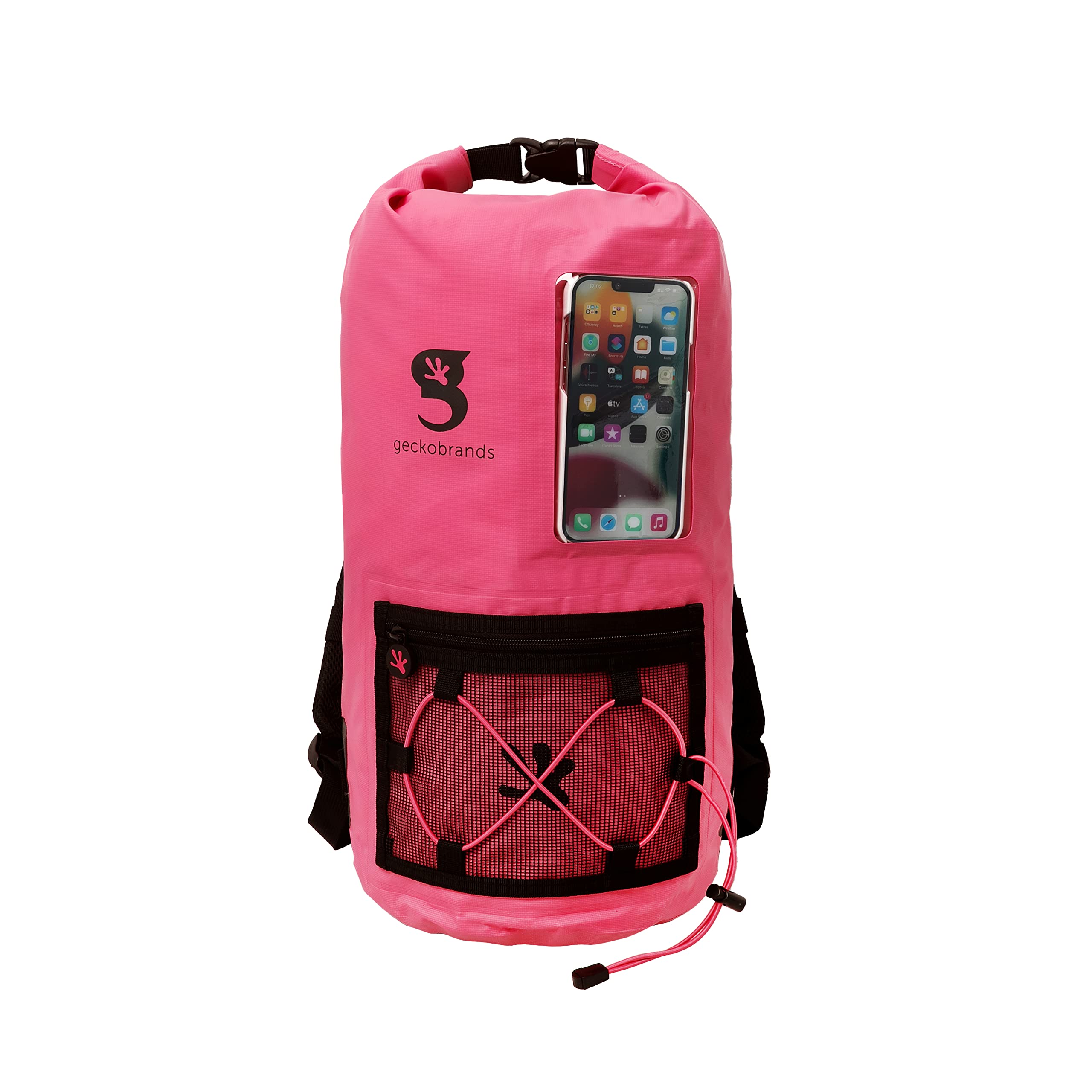 geckobrands Hydroner 20L Waterproof Dry Bag Backpack, Neon Pink - Lightweight Travel Bag with Clear Phone Pouch
