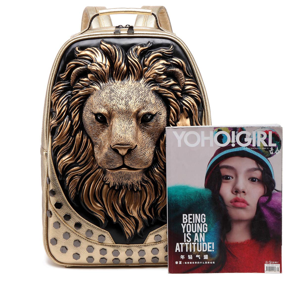 GUQIMEI Mens 3D Lion PU Emboss Rivet Punk Backpack Rock Personality Laptop Bag Creative Travel Leisure, Gold, One Size