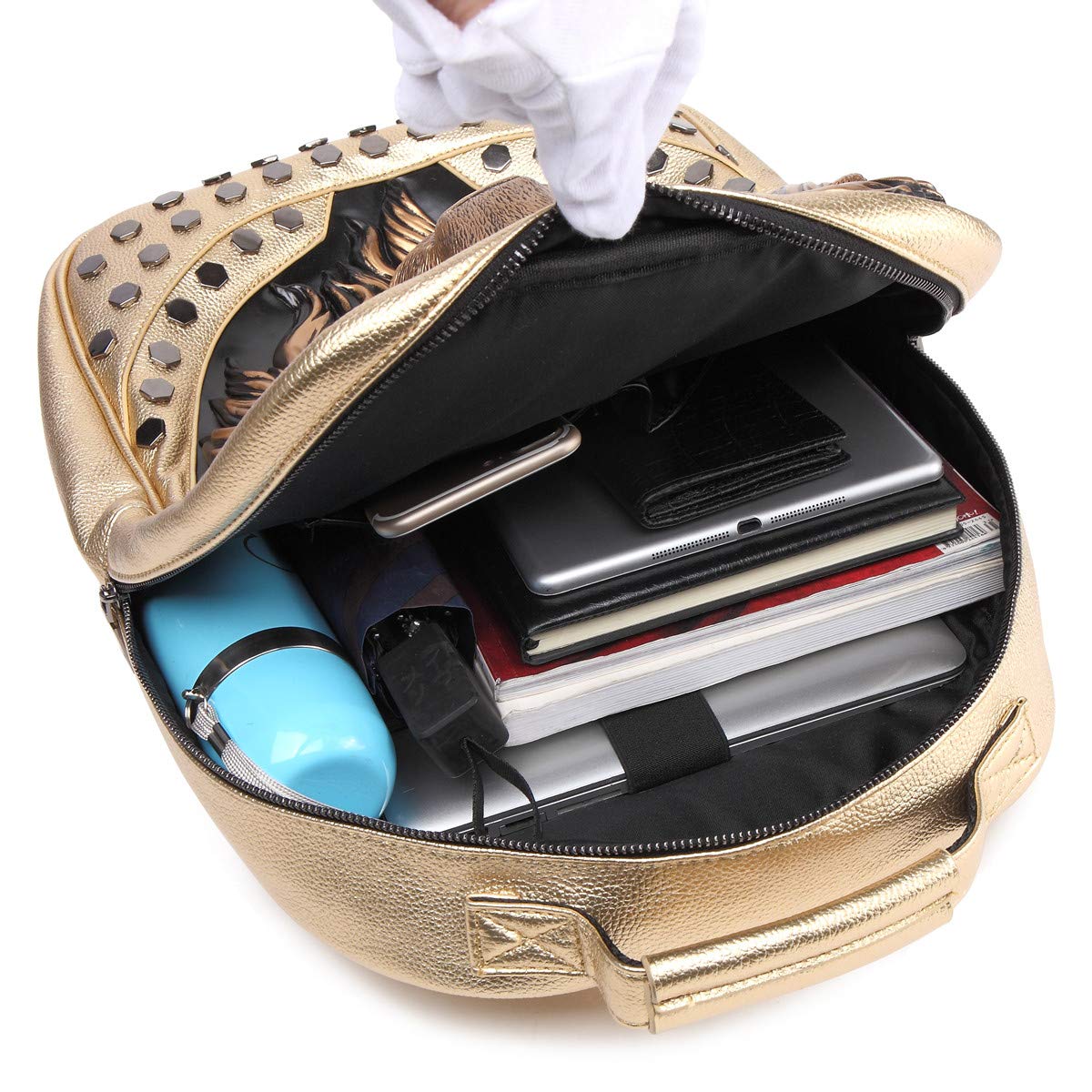 GUQIMEI Mens 3D Lion PU Emboss Rivet Punk Backpack Rock Personality Laptop Bag Creative Travel Leisure, Gold, One Size