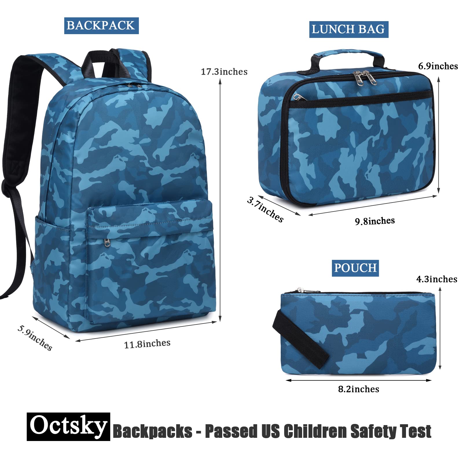 Boys Backpacks for Elementary Middle School Kids Bookbags with Lunch Box Pencil bag Camo Travel Back Pack for Boys (Blue-Camouflage)