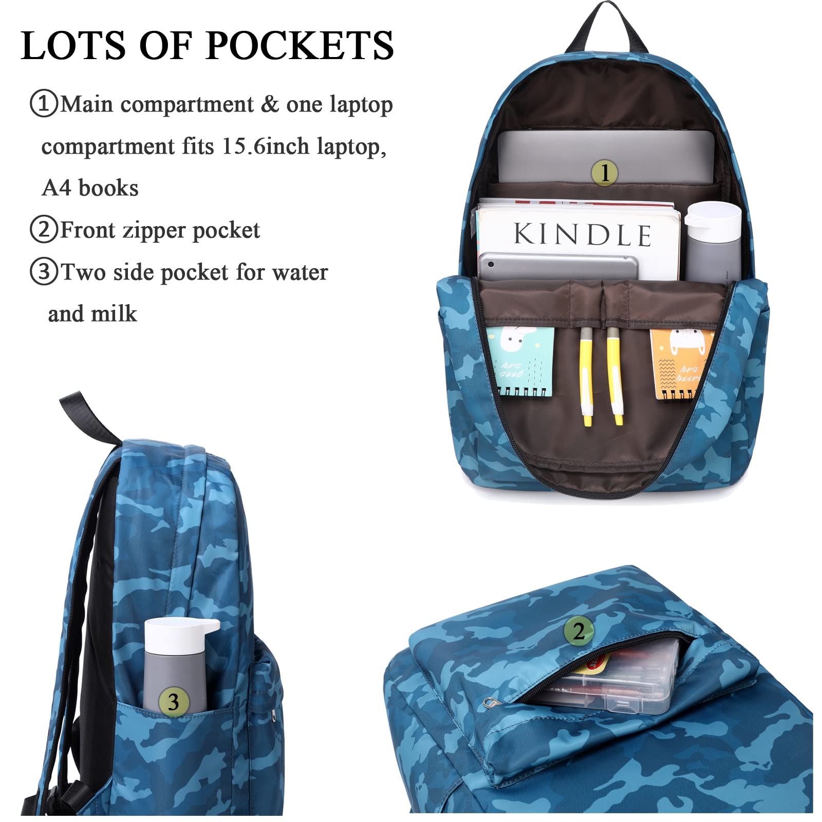 Boys Backpacks for Elementary Middle School Kids Bookbags with Lunch Box Pencil bag Camo Travel Back Pack for Boys (Blue-Camouflage)