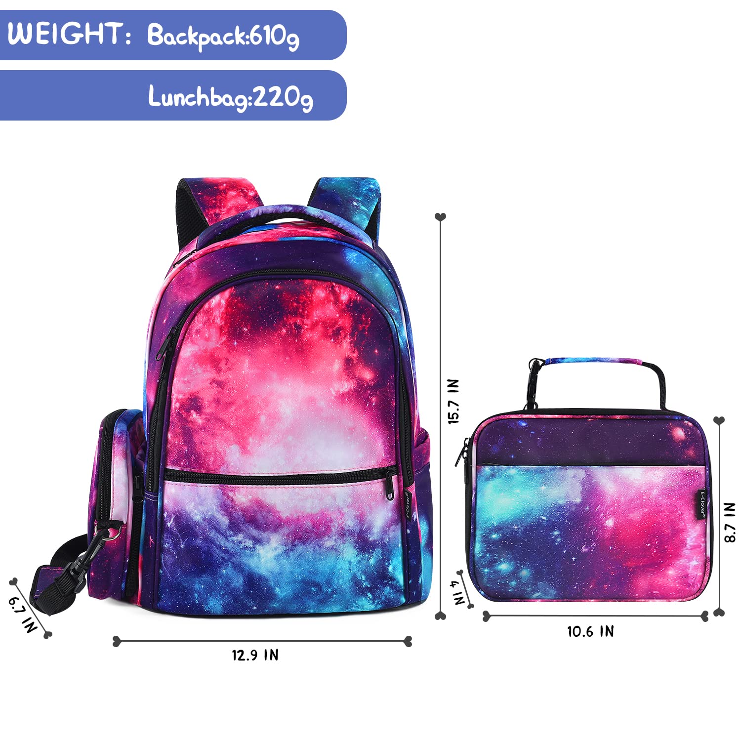 E-Clover Backpack for Girls Kids Galaxy Backpacks Purple Space Bookbags School Bag with Galaxy Lunch Box Set Valentines Day Gifts