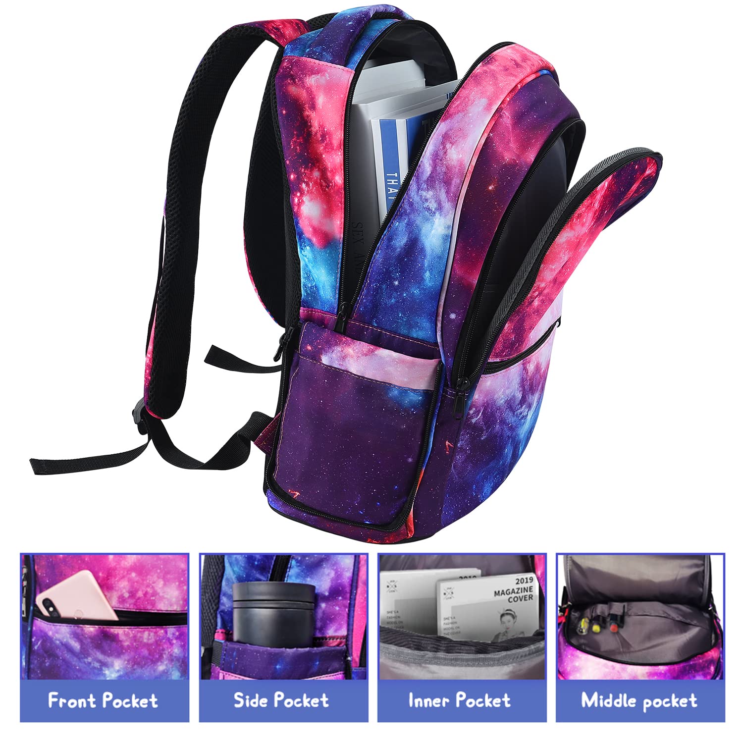 E-Clover Backpack for Girls Kids Galaxy Backpacks Purple Space Bookbags School Bag with Galaxy Lunch Box Set Valentines Day Gifts