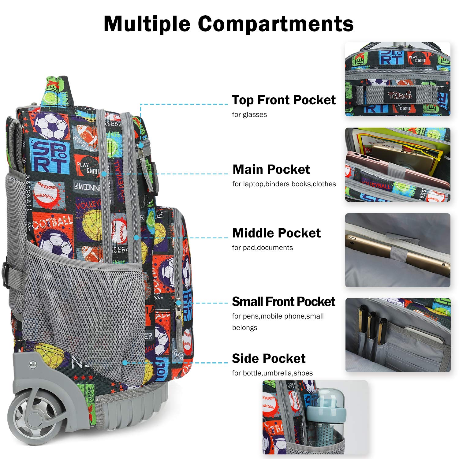 Tilami Rolling Backpack 18 inch with Pencil Case Wheeled Laptop Bag, Sport Balls