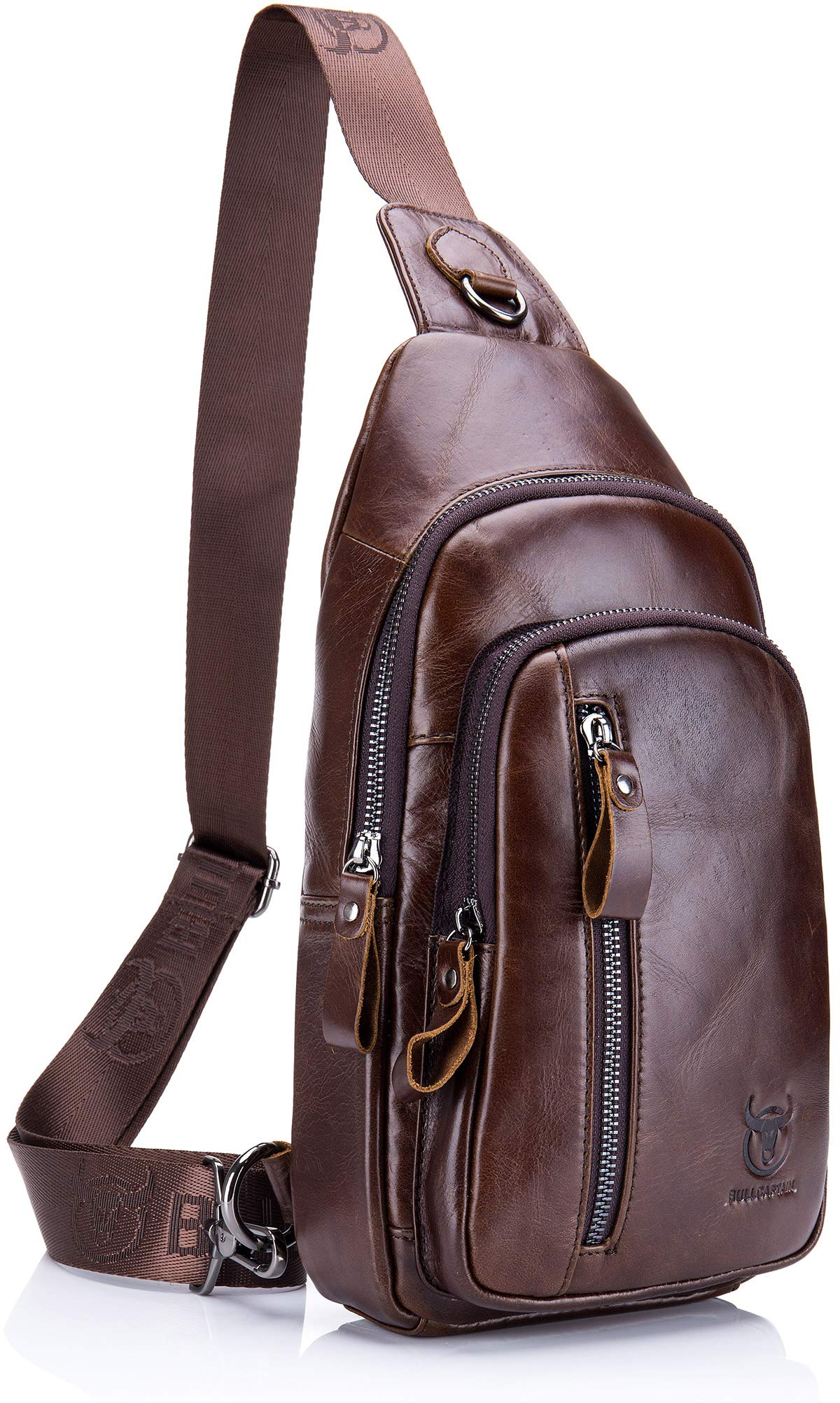BULLCAPTAIN Genuine Leather Sling Bag,Full Grain Leather Casual Crossbody Shoulder Backpack Travel Hiking Vintage Chest Bag Daypacks for Men (Coffee)