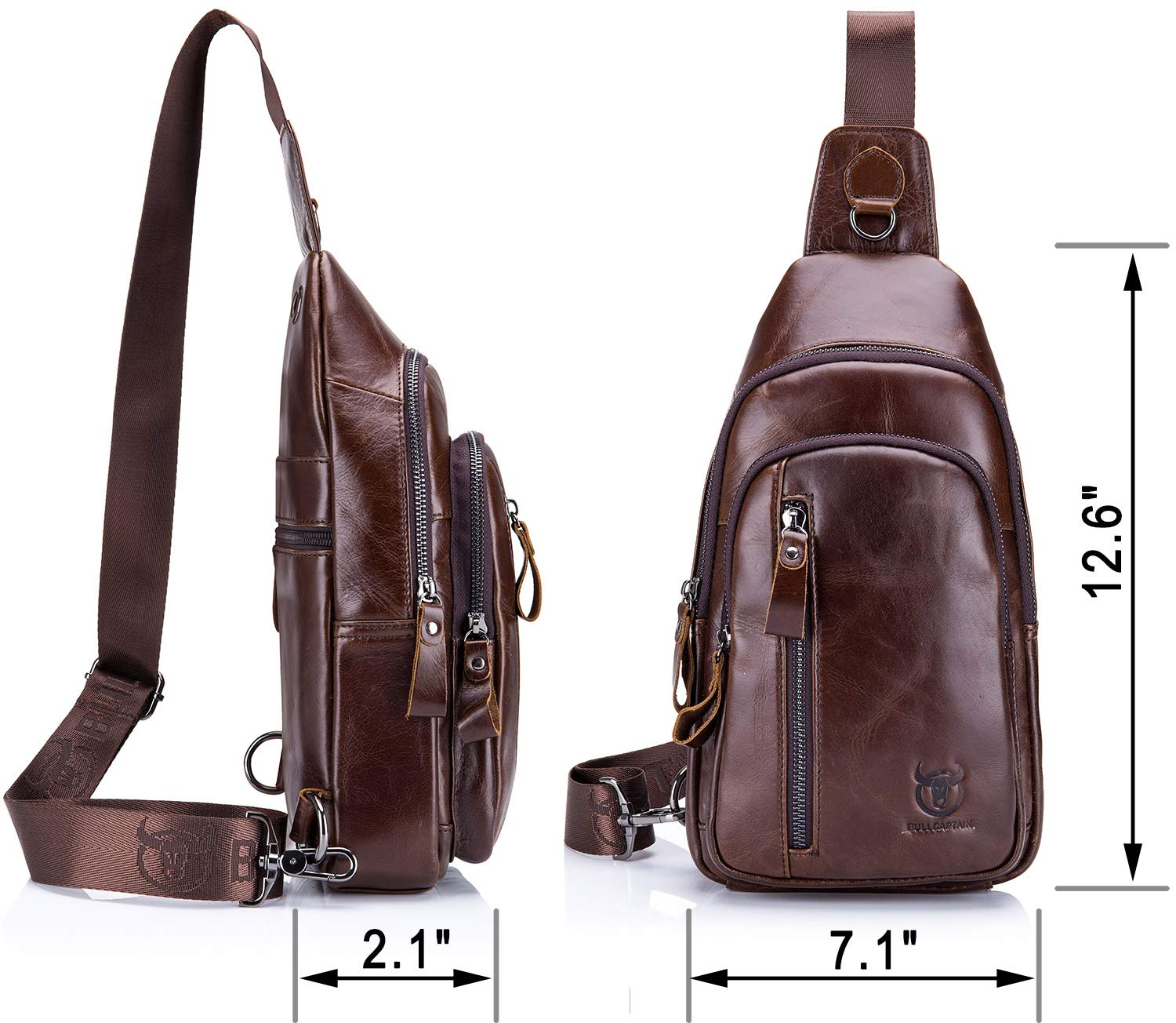 BULLCAPTAIN Genuine Leather Sling Bag,Full Grain Leather Casual Crossbody Shoulder Backpack Travel Hiking Vintage Chest Bag Daypacks for Men (Coffee)