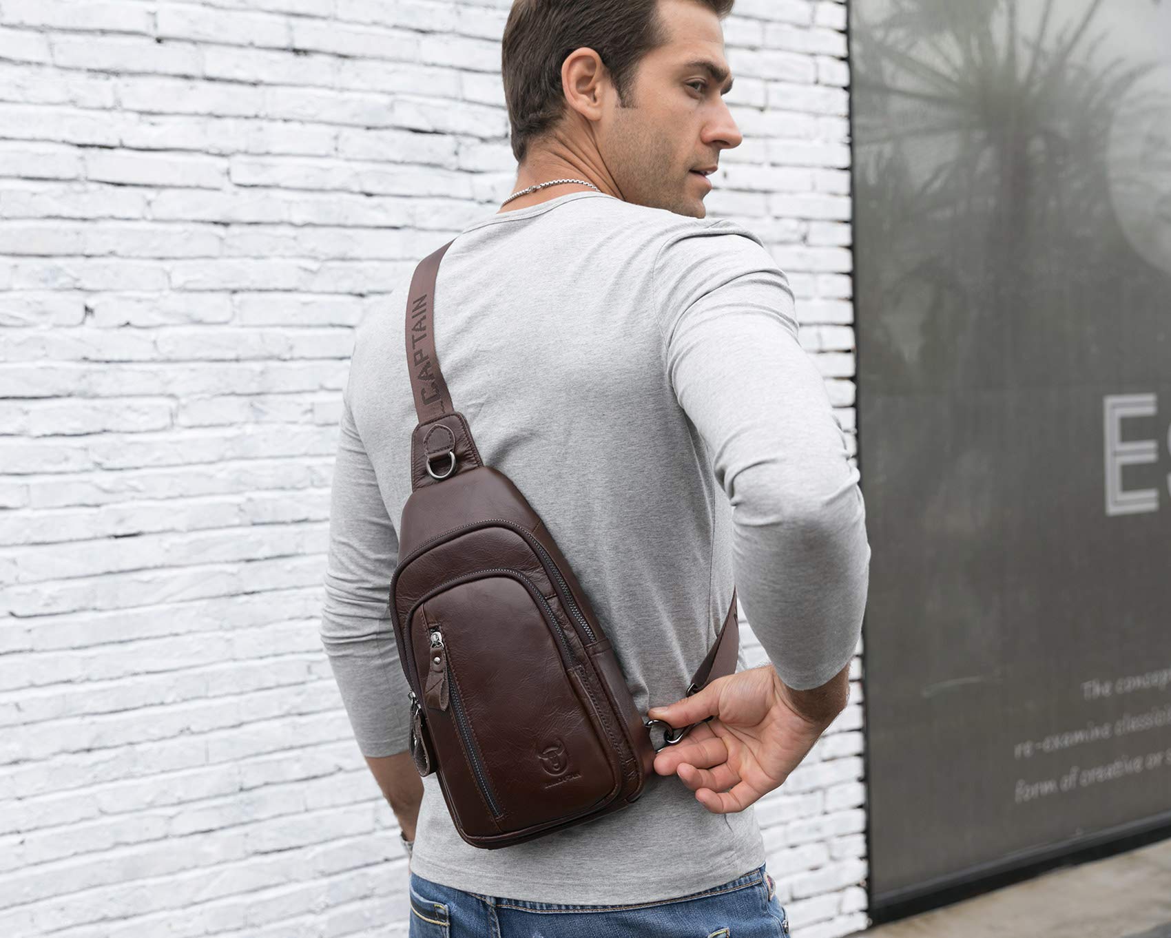 BULLCAPTAIN Genuine Leather Sling Bag,Full Grain Leather Casual Crossbody Shoulder Backpack Travel Hiking Vintage Chest Bag Daypacks for Men (Coffee)