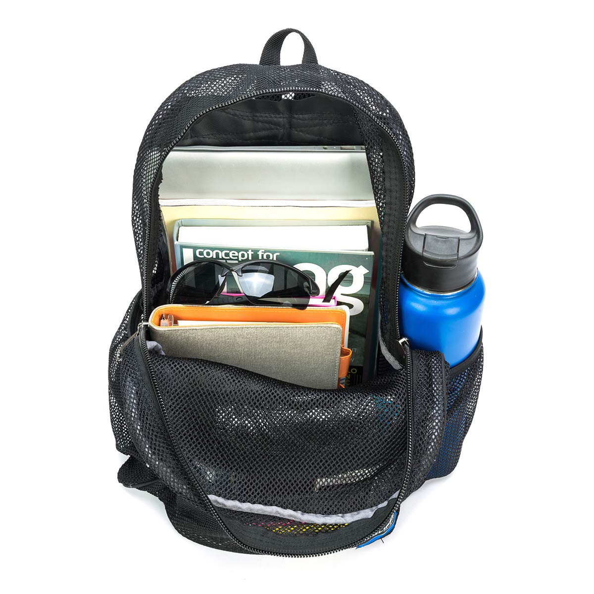 K-Cliffs Heavy Duty Classic Gym Student Mesh See Through Netting Backpack | Padded Straps | Black