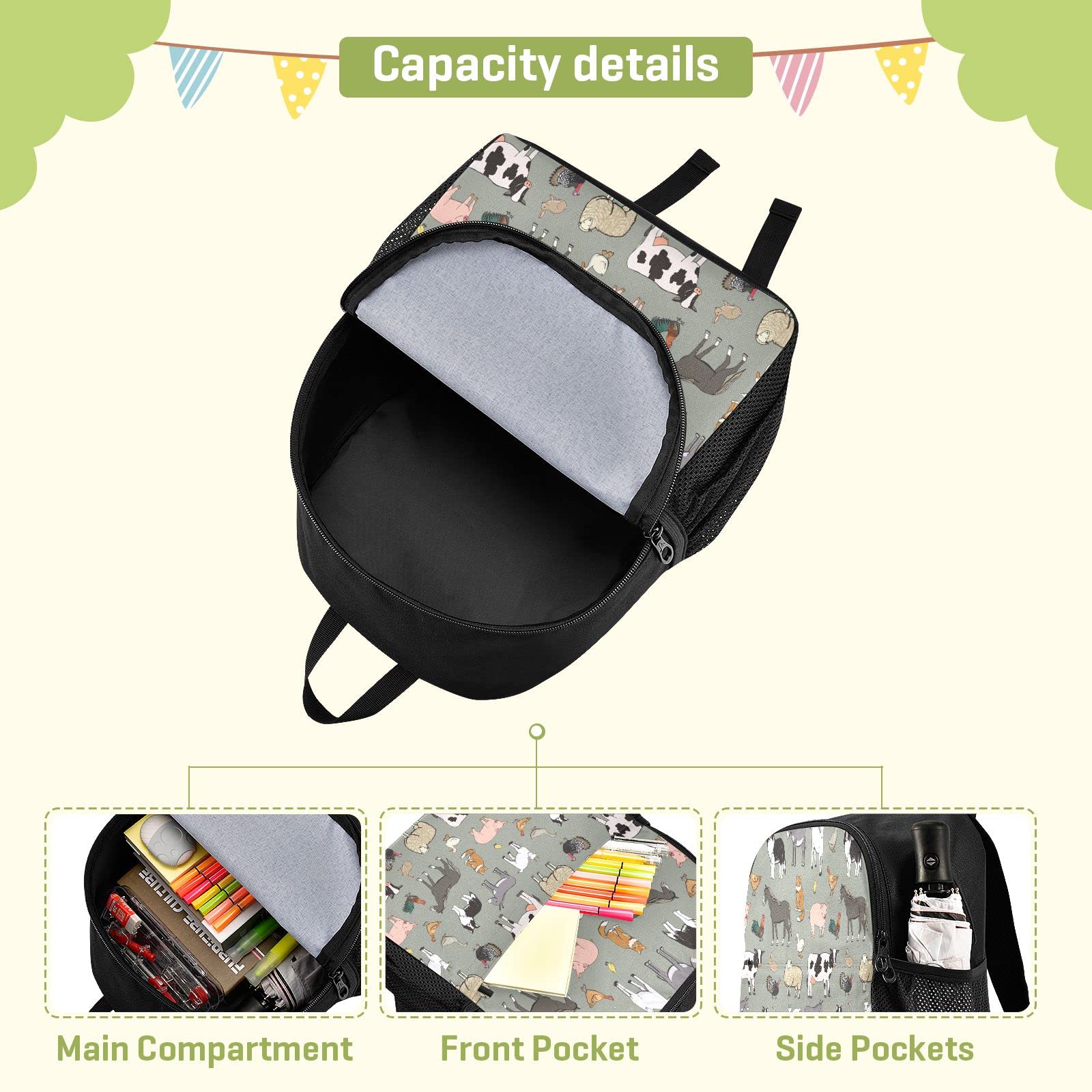 Blueangle Farm Animals Pattern Print Waterproof Backpack - Lightweight Backpack Boys Girl 2-6 Year School Bag