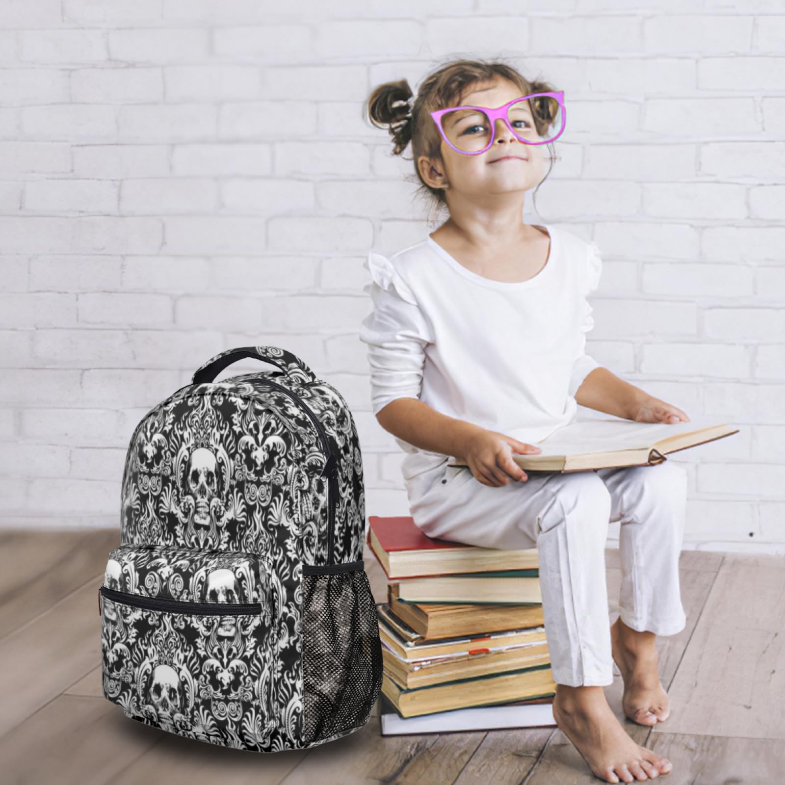 Black Skull Backpack Vintage Floral Casual School Bag Lightweight Zipper Laptop Bookbag Hiking Shoulder Daypack for Women Men