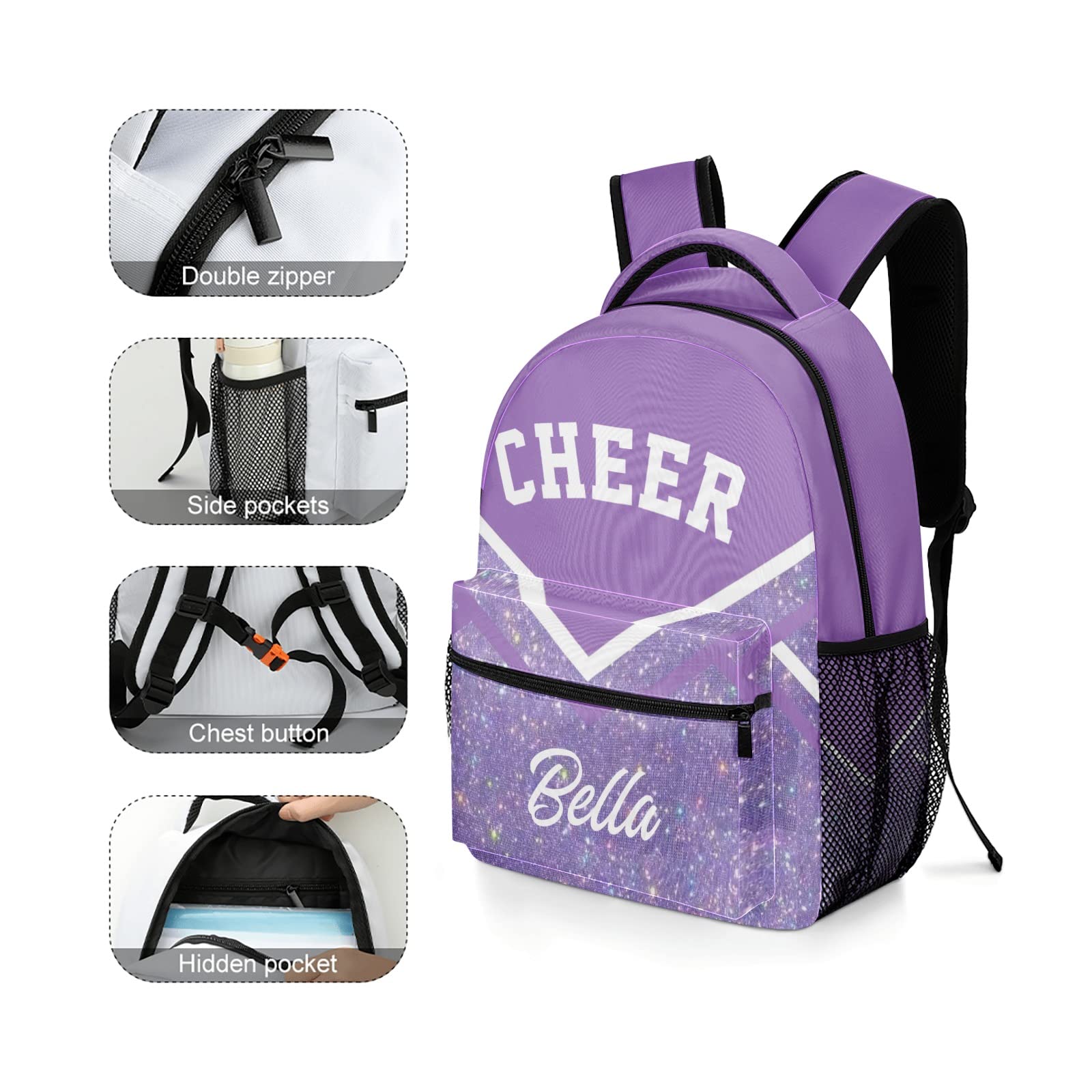 XIUCOO Cheer Purple Backpack Personalized Name Waterproof Travel Bag for Boys Girls Gift