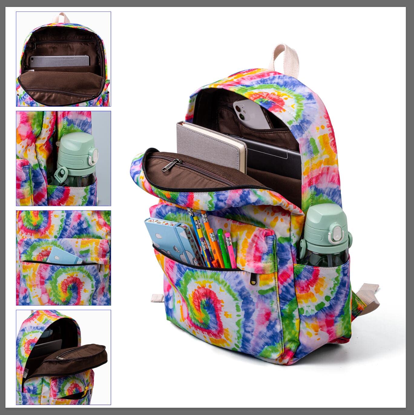 SHEEYEE Teen Girls School Backpack with Matching Lunch Box Pencil Case Marble Bookbag Laptop for Middle School (Blue-White)