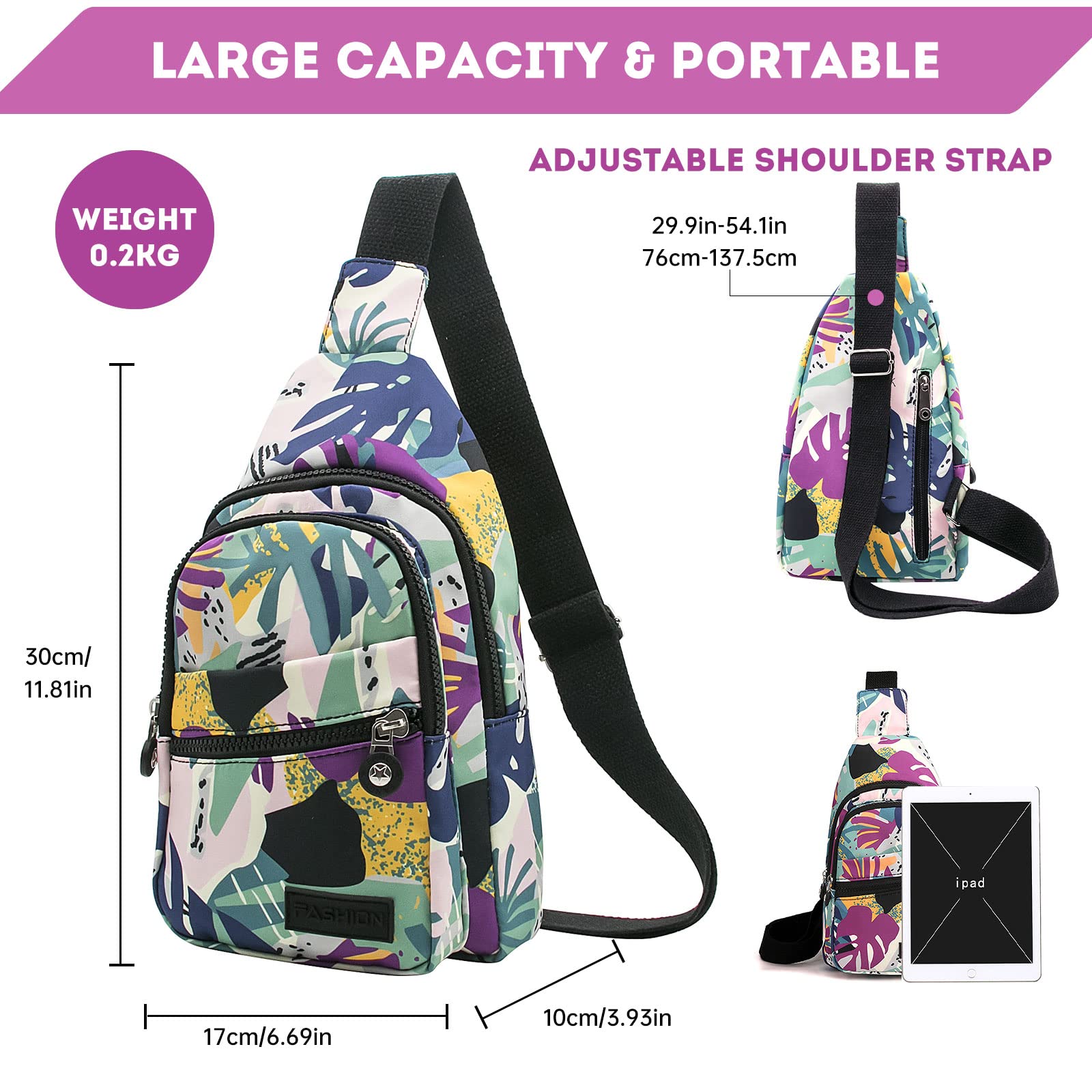 Long Keeper Sling Chest Bag - Women Men Waterproof Crossbody Backpack Traveling Running Hiking Shoulder Daypack Bag (Jungle Graffiti)