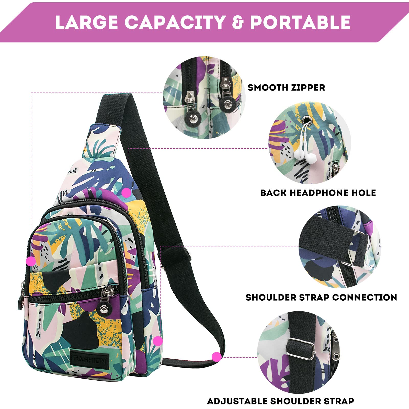 Long Keeper Sling Chest Bag - Women Men Waterproof Crossbody Backpack Traveling Running Hiking Shoulder Daypack Bag (Jungle Graffiti)