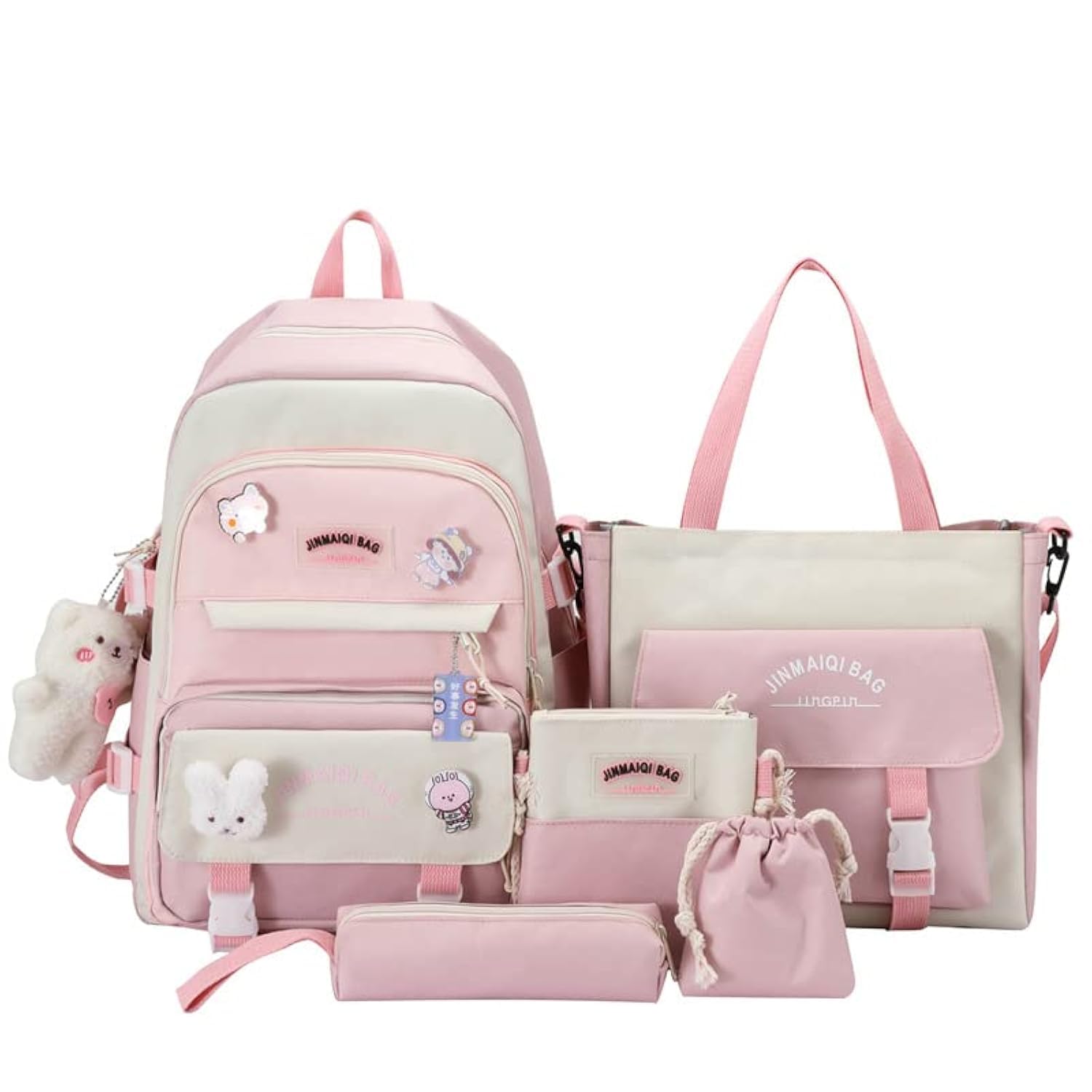 5Pcs Kawaii Backpack with Aesthetic Pin Accessories Cute Laptop Ita Bag for Back to School Stationary Supplies (Pink)