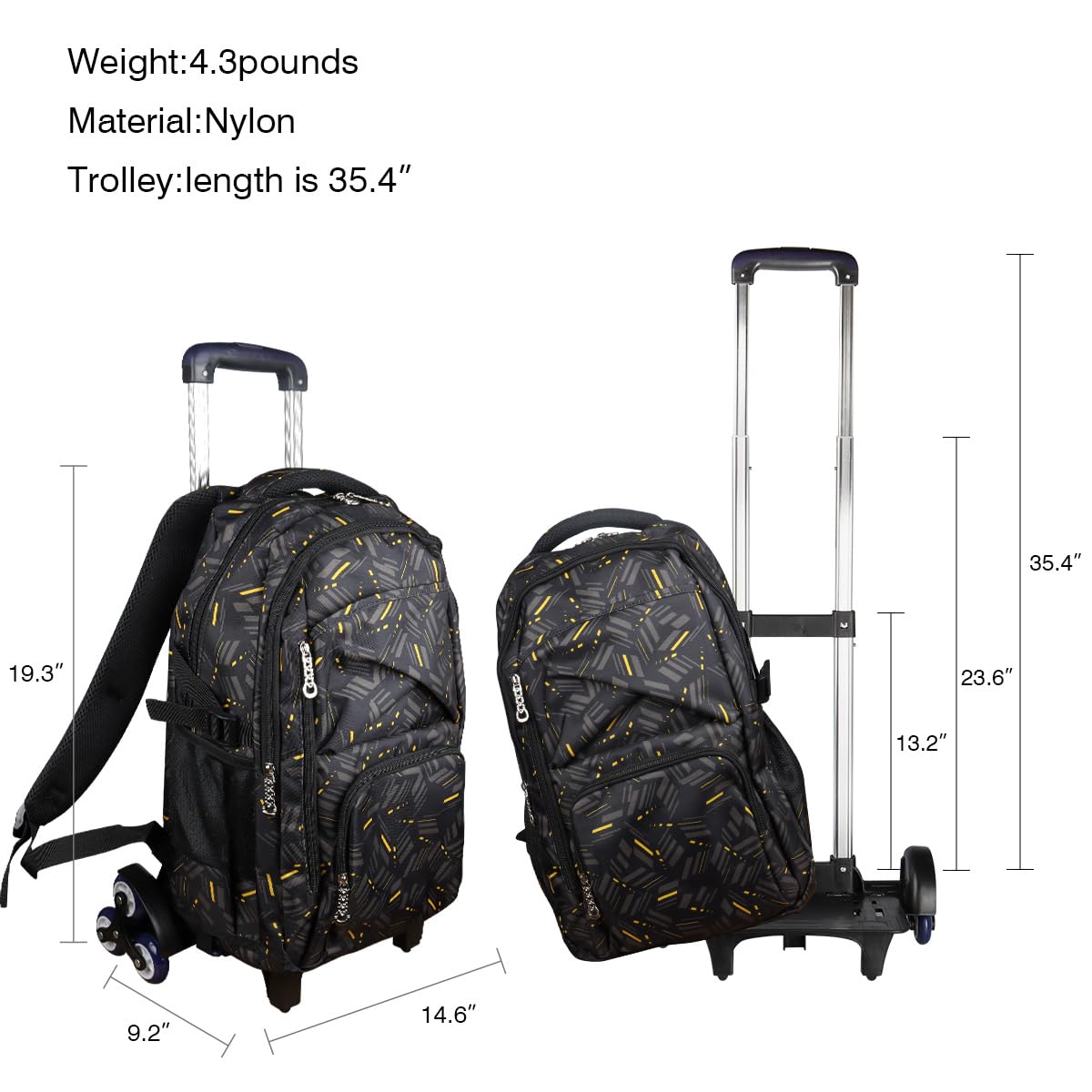 YOUCIDI Rolling Wheels High-Capacity School Bag Backpacks for Students Climbing Stairs Black and Yellow,