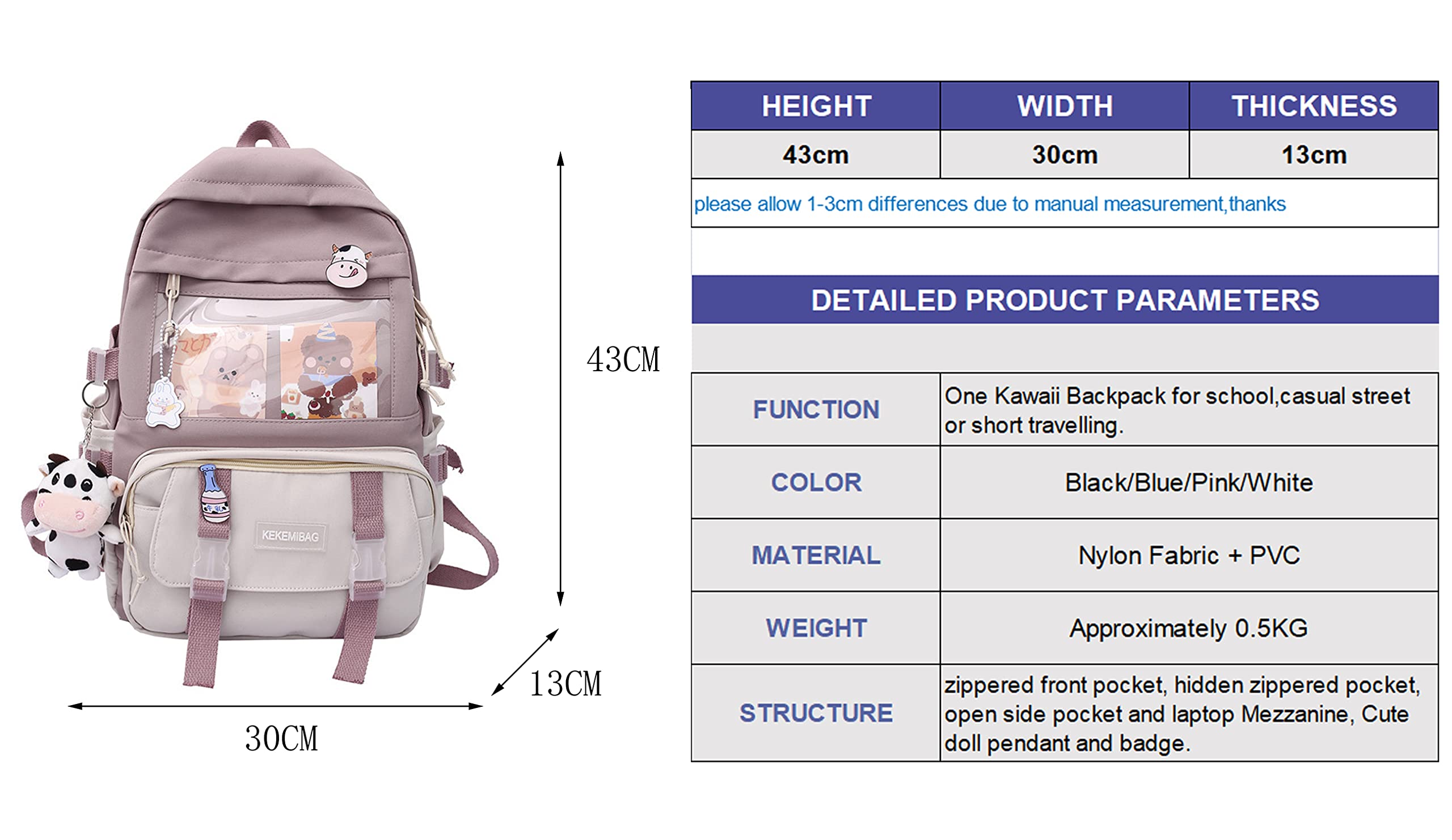 Kawaii Backpack Aesthetic Laptop Bag Large Capacity School Bag 17in Cute Bookbag Backpacks for Girls with Badge&Cute Pendant Pink1