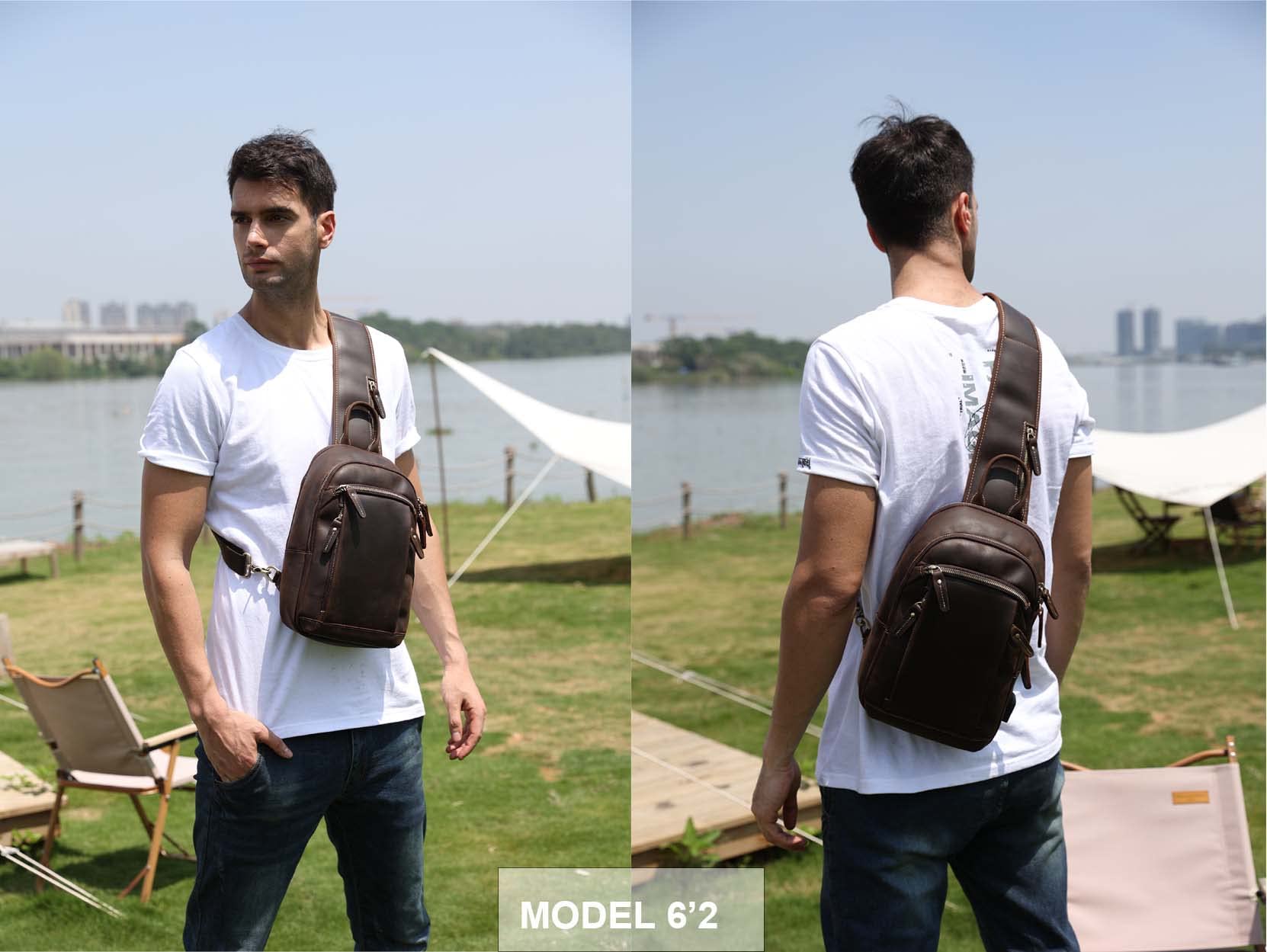 Taertii Full Grain Genuine Leather Sling Bag, Vintage Crossbody Shoulder Backpack Travel Bag Daypack For 10.5 inch iPad, Brown