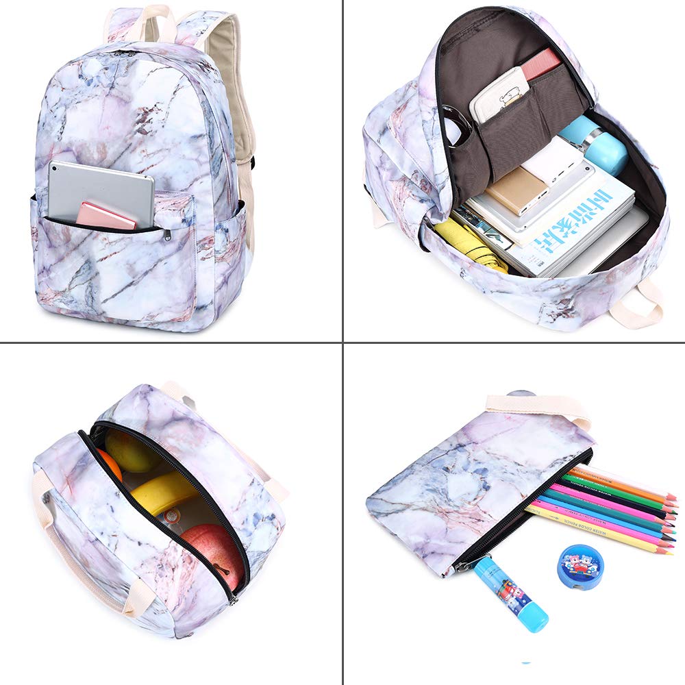 Bluboon Teen Girls School Backpack Kids Bookbag Set with Lunch Box Pencil Case Travel Laptop Backpack Casual Daypacks (Marble 5)