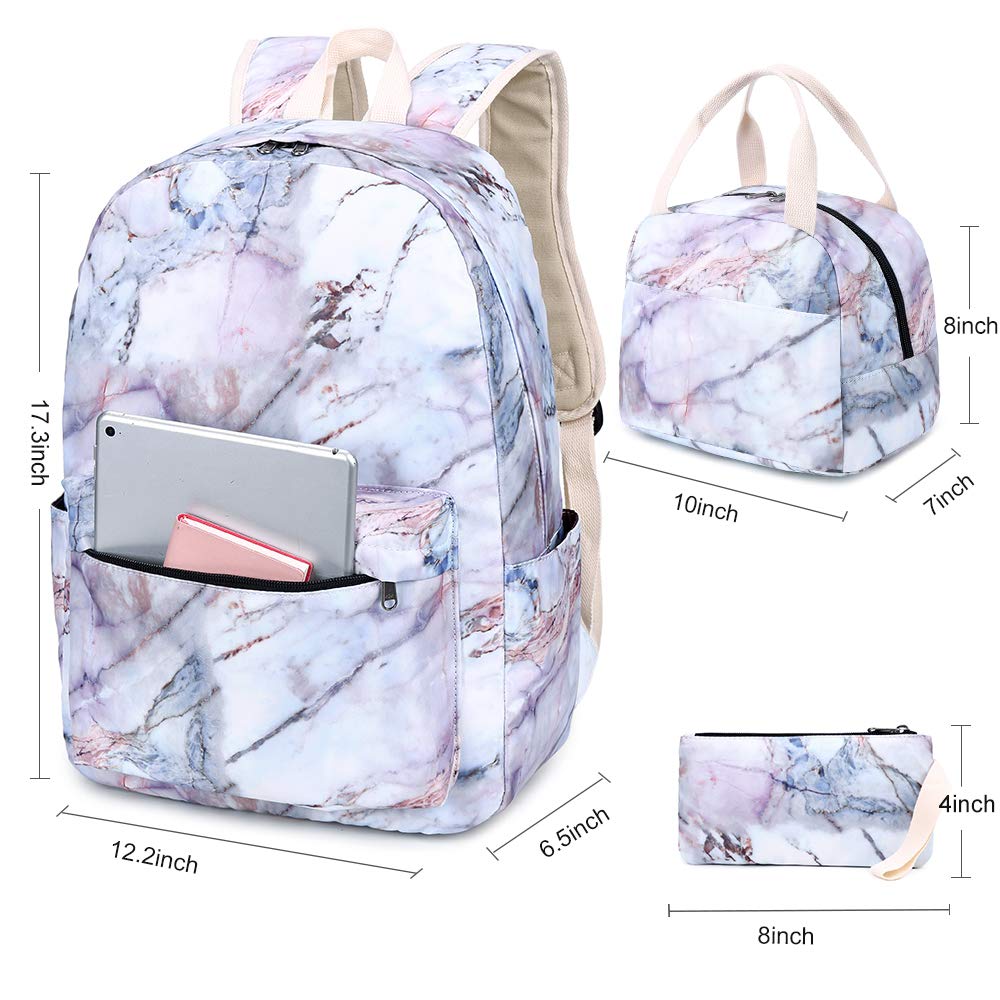 Bluboon Teen Girls School Backpack Kids Bookbag Set with Lunch Box Pencil Case Travel Laptop Backpack Casual Daypacks (Marble 5)