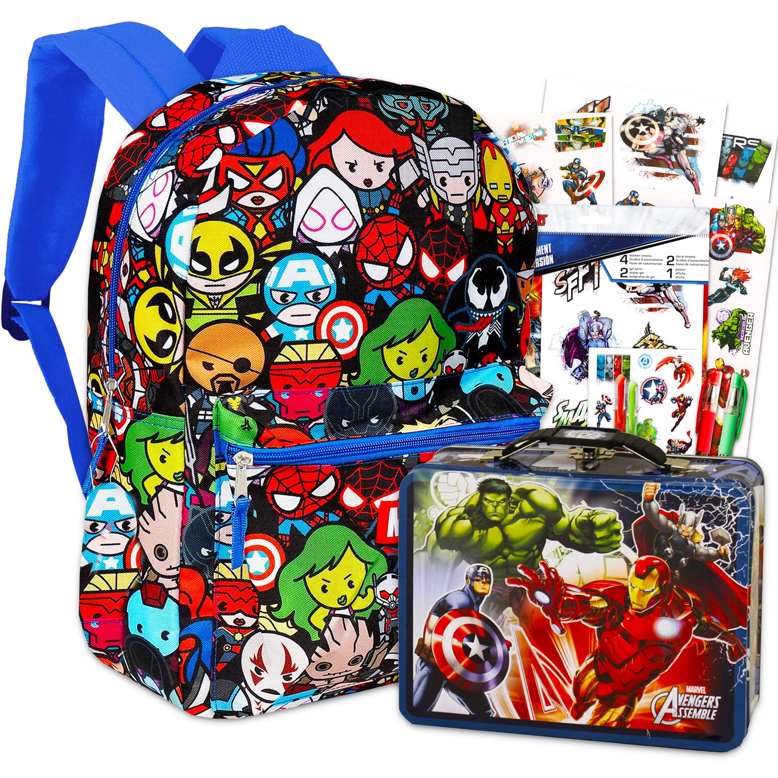 Marvel Avengers Backpack Set - 6 Piece Marvel Superhero School Backpack Bag Set with Snack Box, Pen, Bookmark, Stickers and More (Marvel School Supplies)