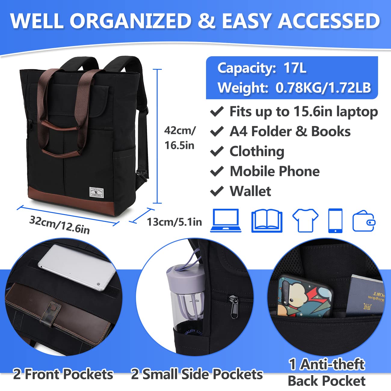 VX VONXURY Backpack for Women, 15.6 Inch Laptop Bag Water Resistant Convertible Backpack Purse for School Work Travel