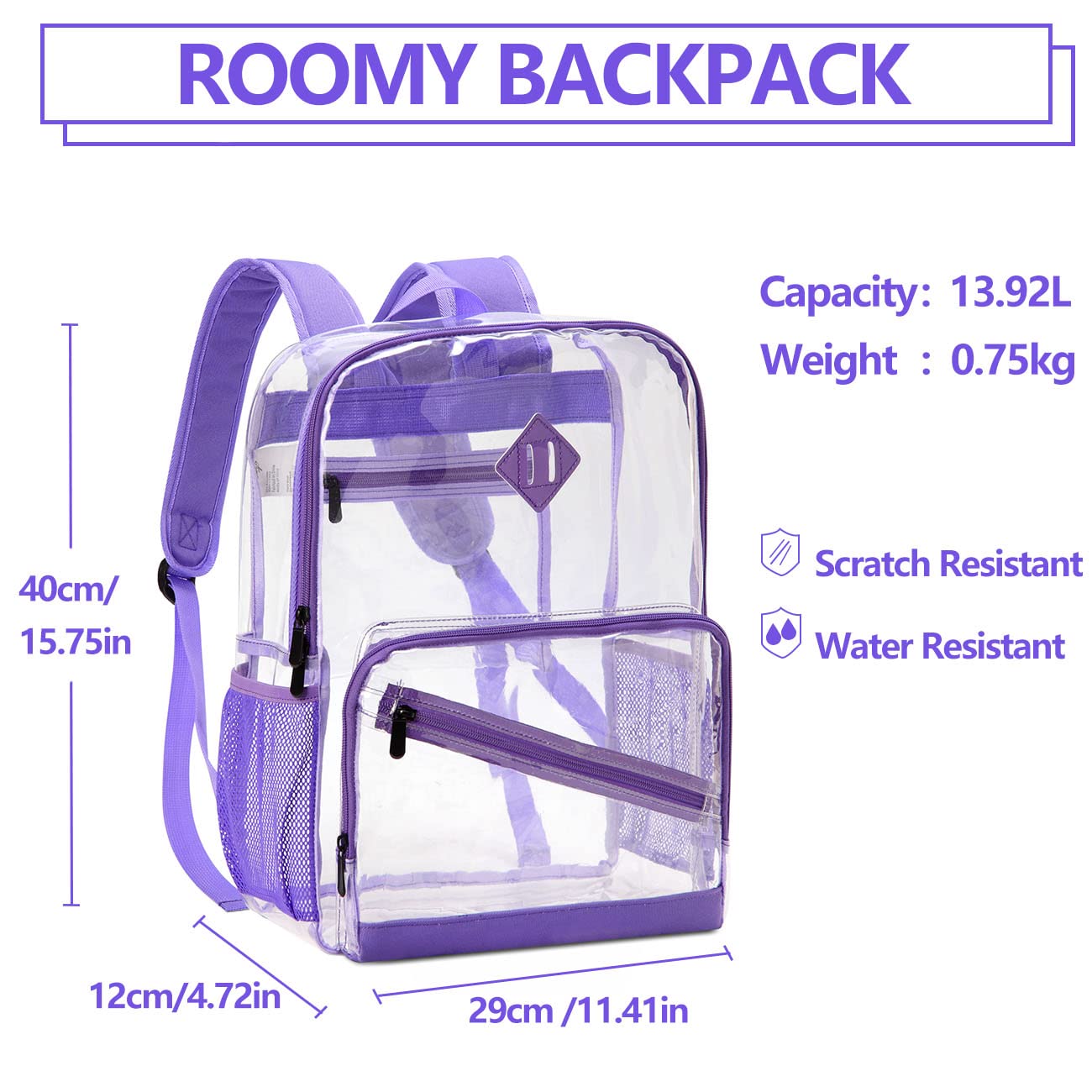 Kasqo Clear Backpack, 15.6 Inch Heavy Duty PVC Transparent Backpack See Through Backpacks for School, College, Sports, Work, Travel, Stadium Approved, White