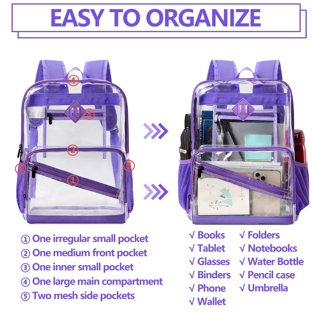 Kasqo Clear Backpack, 15.6 Inch Heavy Duty PVC Transparent Backpack See Through Backpacks for School, College, Sports, Work, Travel, Stadium Approved, White